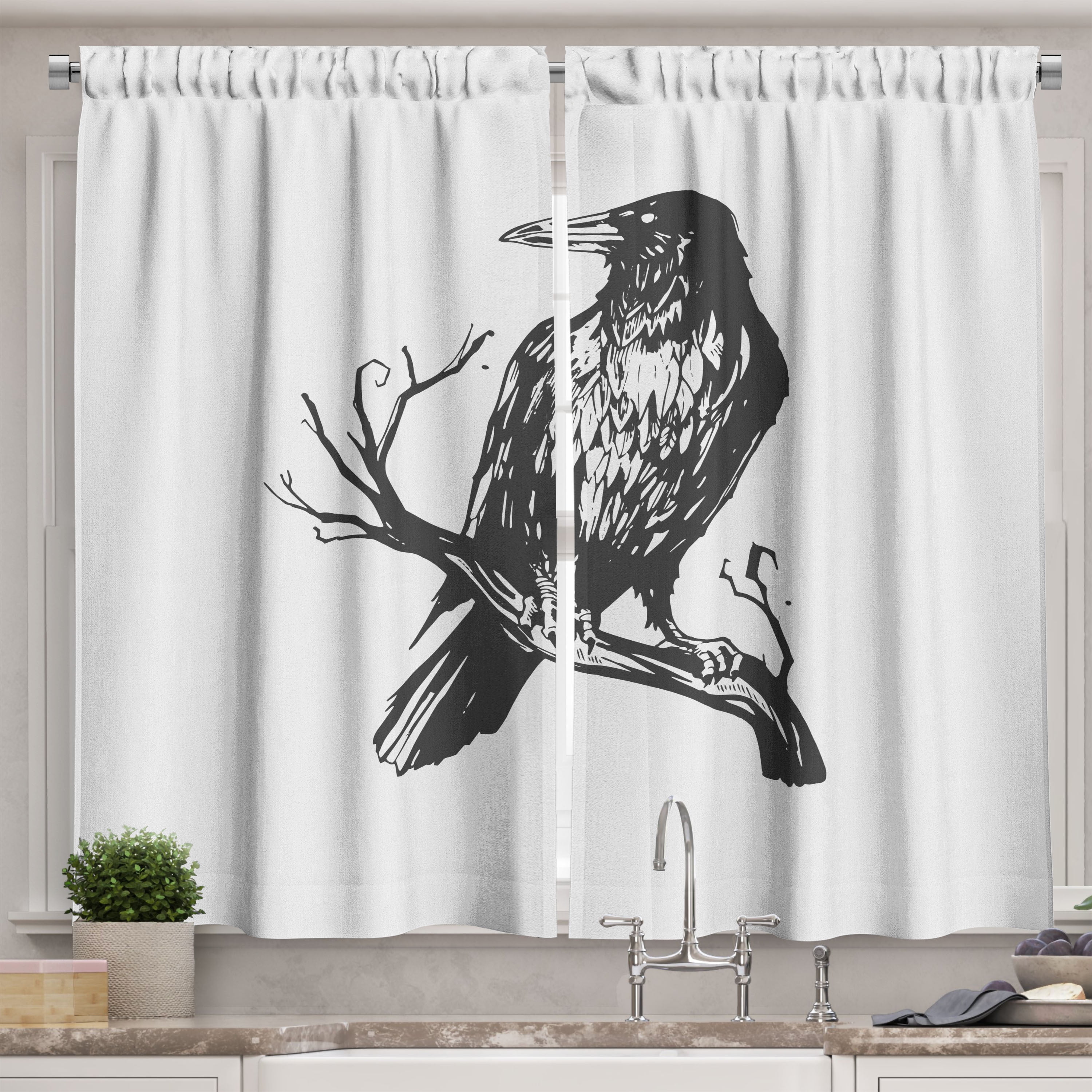 Ambesonne Black Crow Kitchen Curtains, Bird on Bare Branch Art, 55"x45 ...