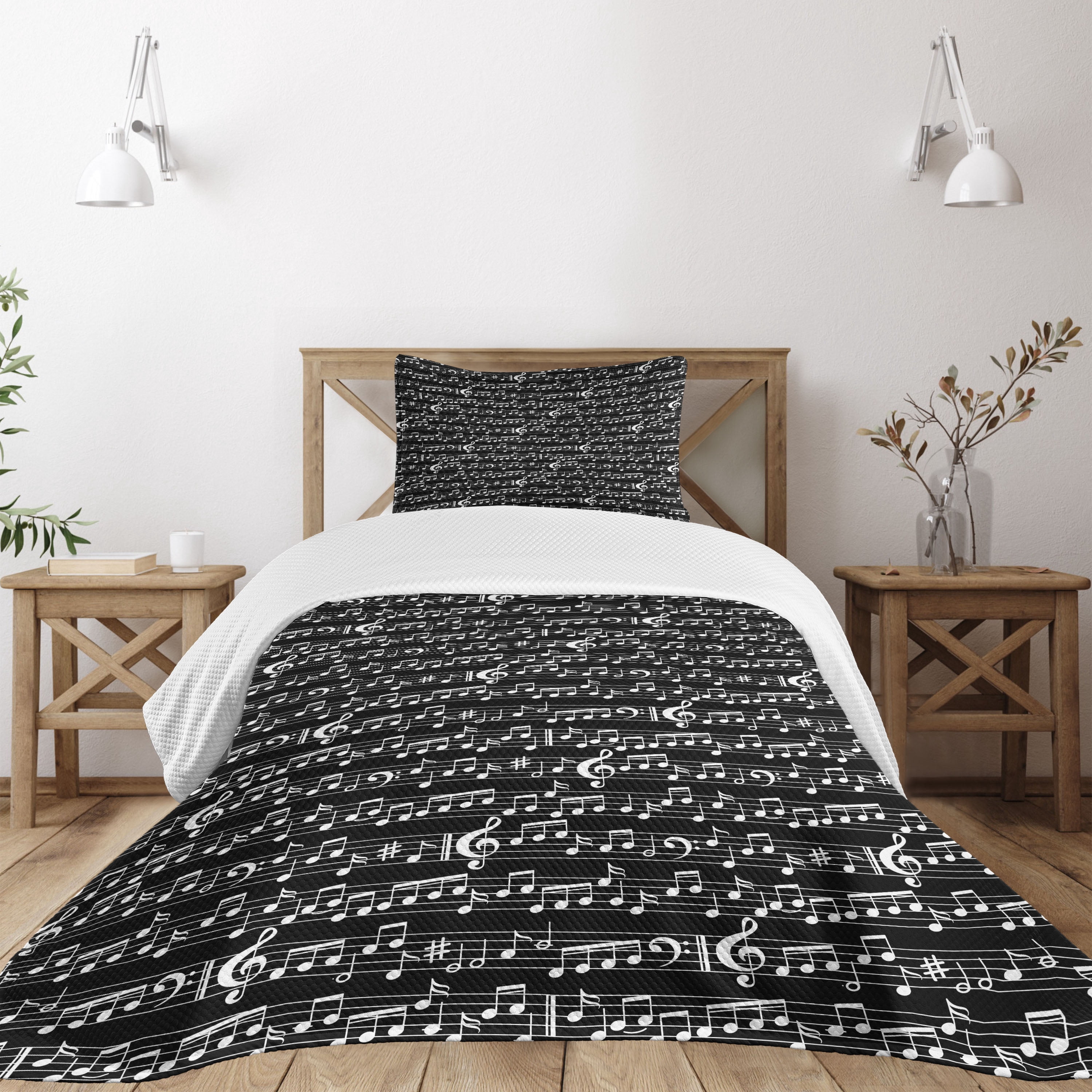 Ambesonne Black Quilted Bedspread Set 2 Pcs, Musical Note Print, Twin ...