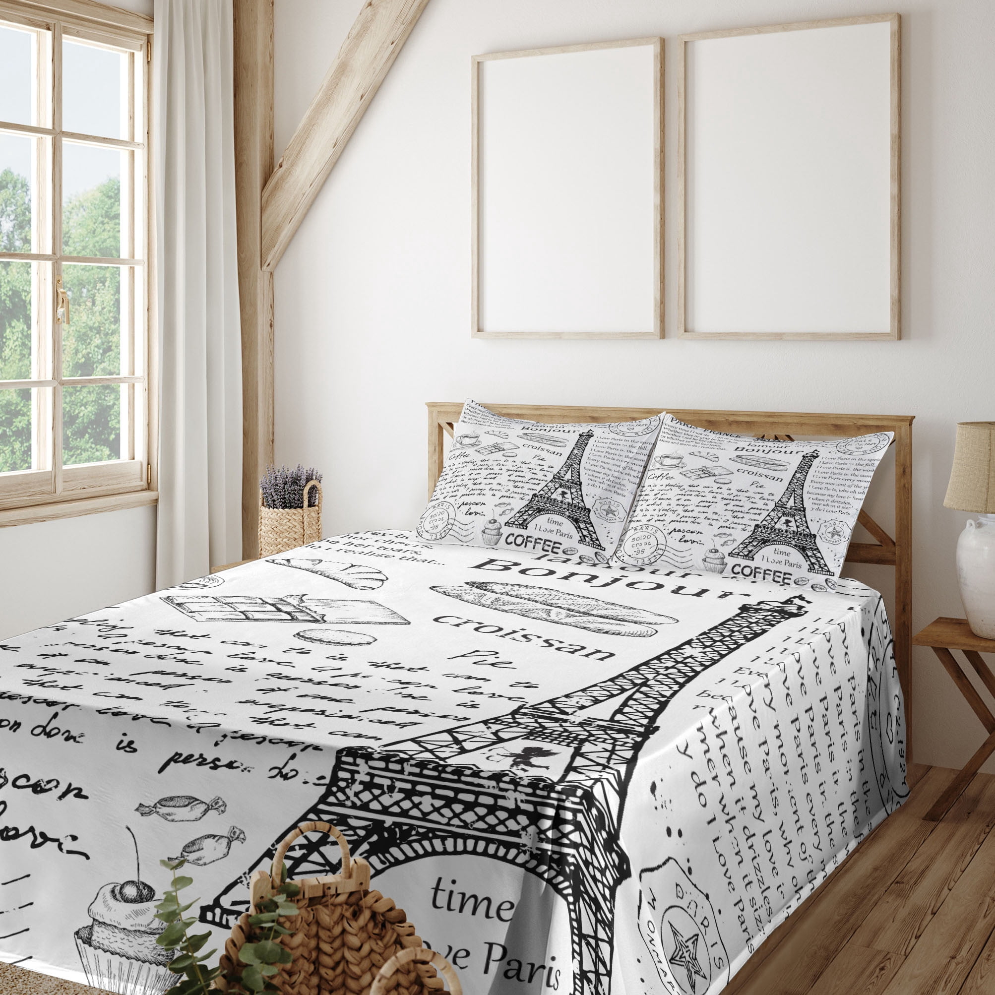 Ambesonne Black White Fitted & Top Sheet Set with Shams, Bonjour ...