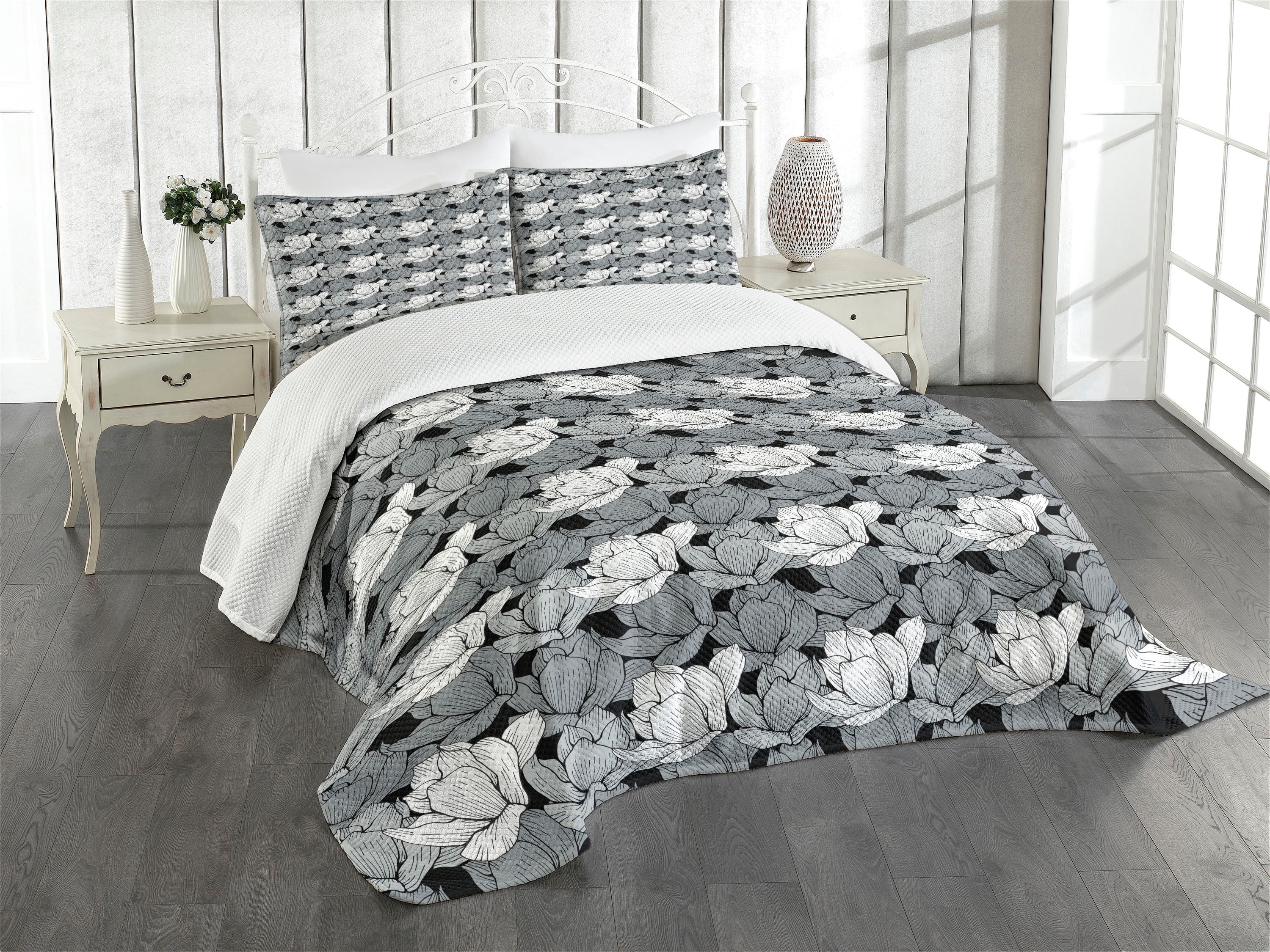 Ambesonne Quilted Bedspread Set, Lotus, Queen Size, Black Grey White ...