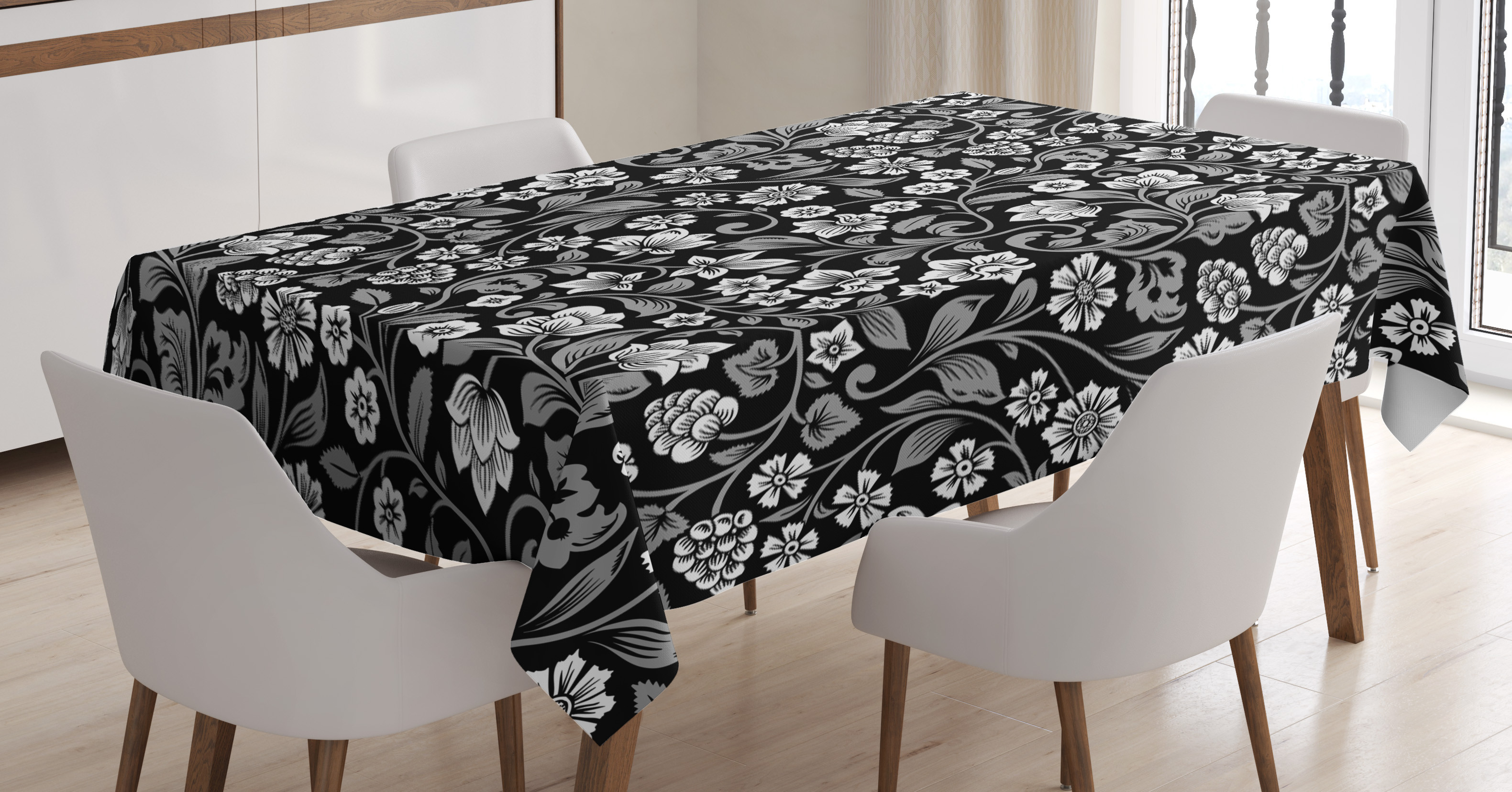 Ambesonne Black and Grey Tablecloth Rectangular Table Cover, Floral ...