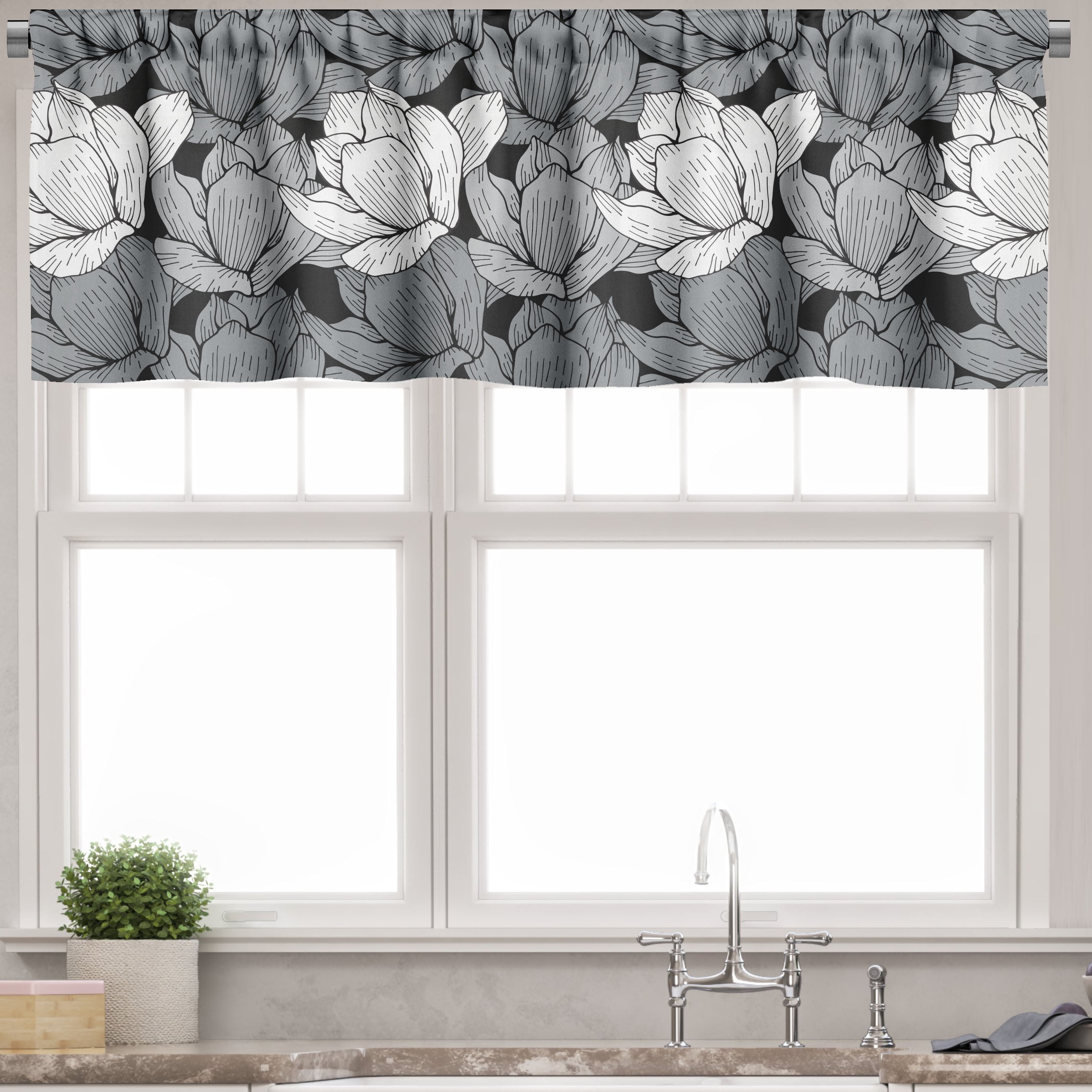 Ambesonne Black and Grey Window Valance, Lotus, 54" X 18", Black Grey ...
