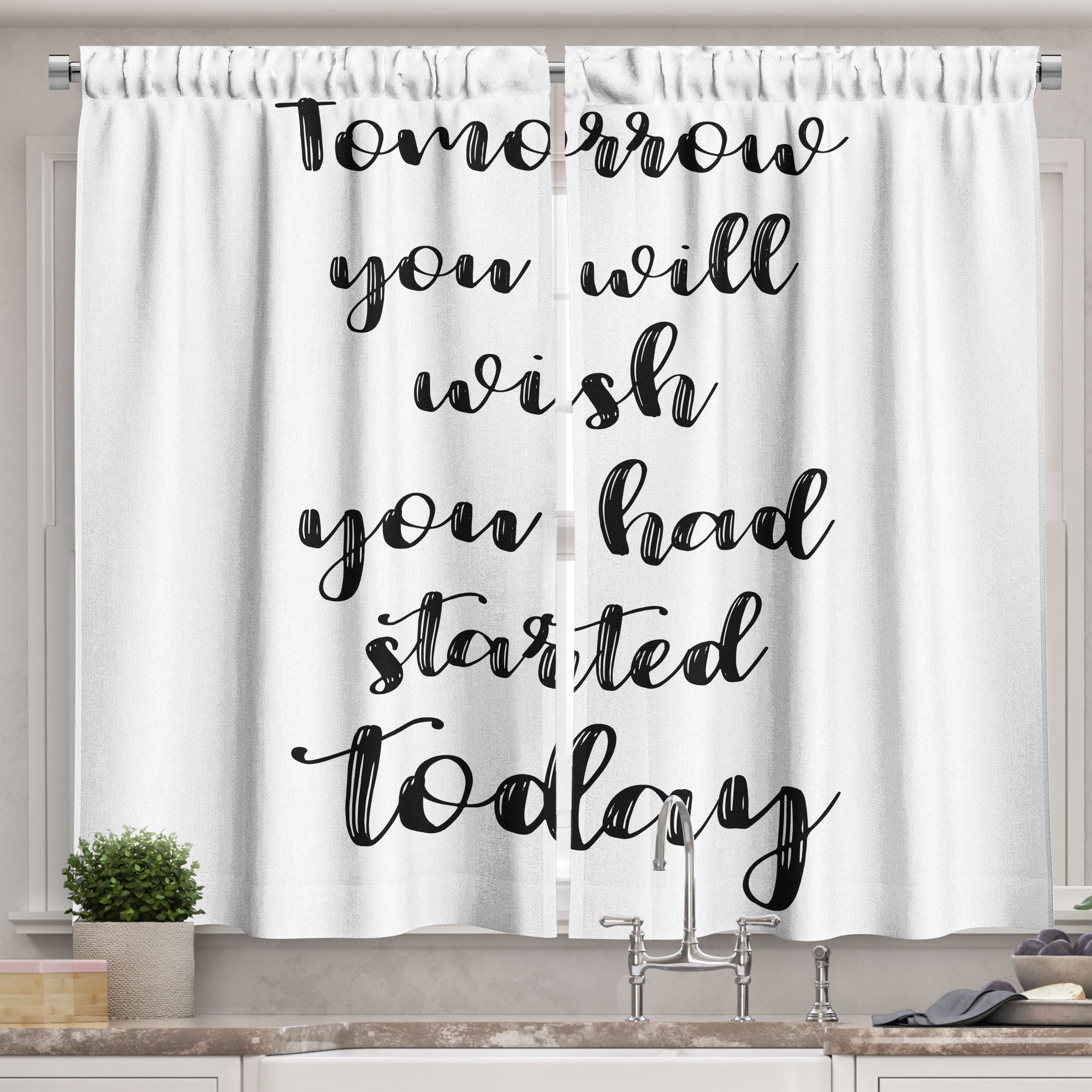 Ambesonne Black and White Kitchen Curtains, Cursive Wording, 55"x39 ...