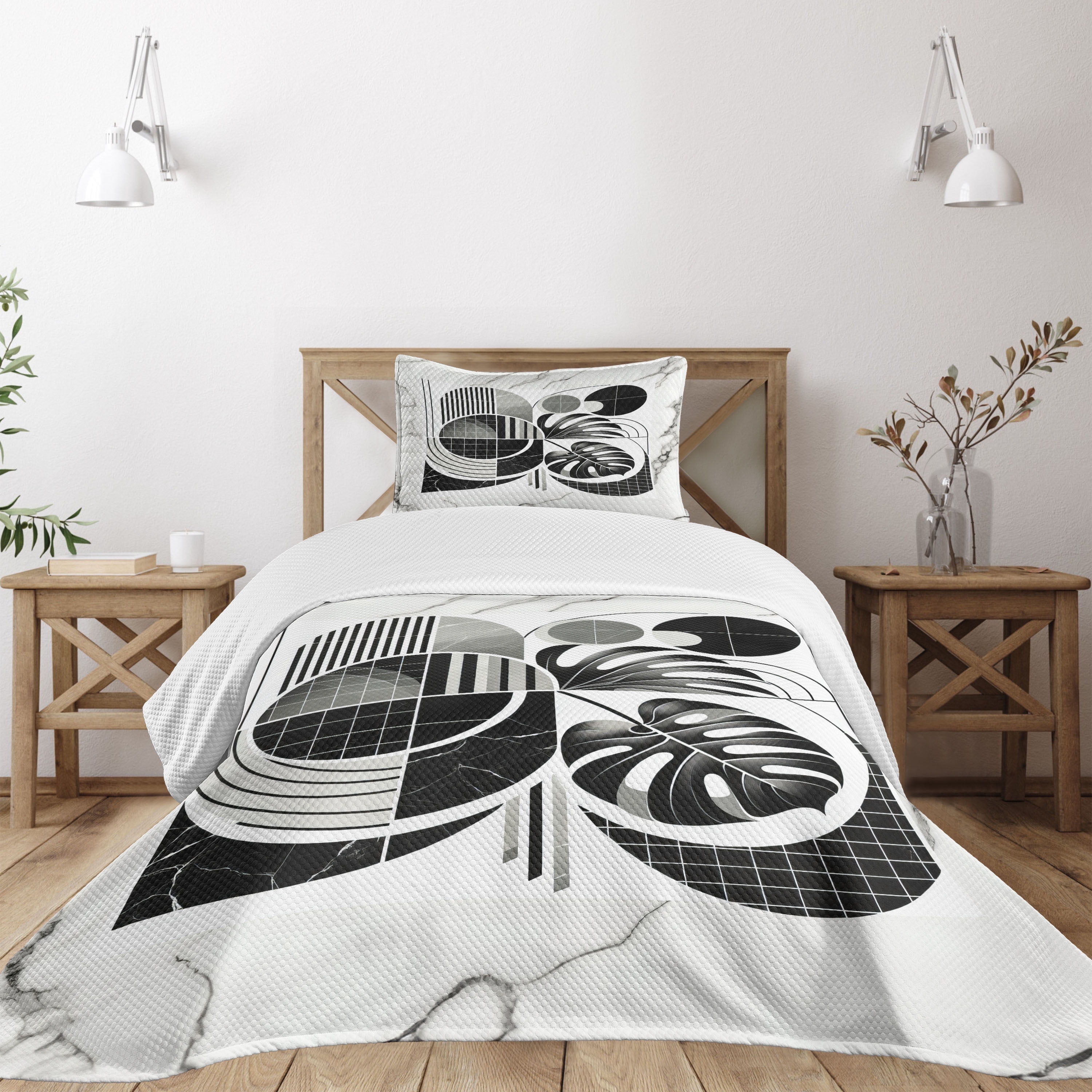 Ambesonne Black and White Quilted Bedspread Set 2 Pcs, Mid Century Leaf ...