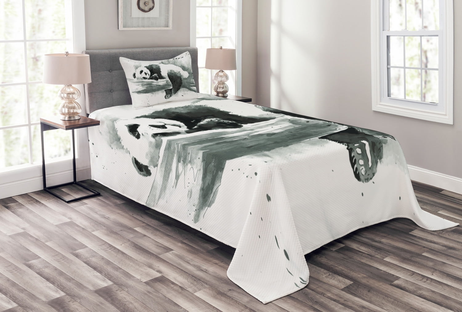 Ambesonne Black and White Quilted Bedspread Set 2 Pcs, Sleeping Panda ...