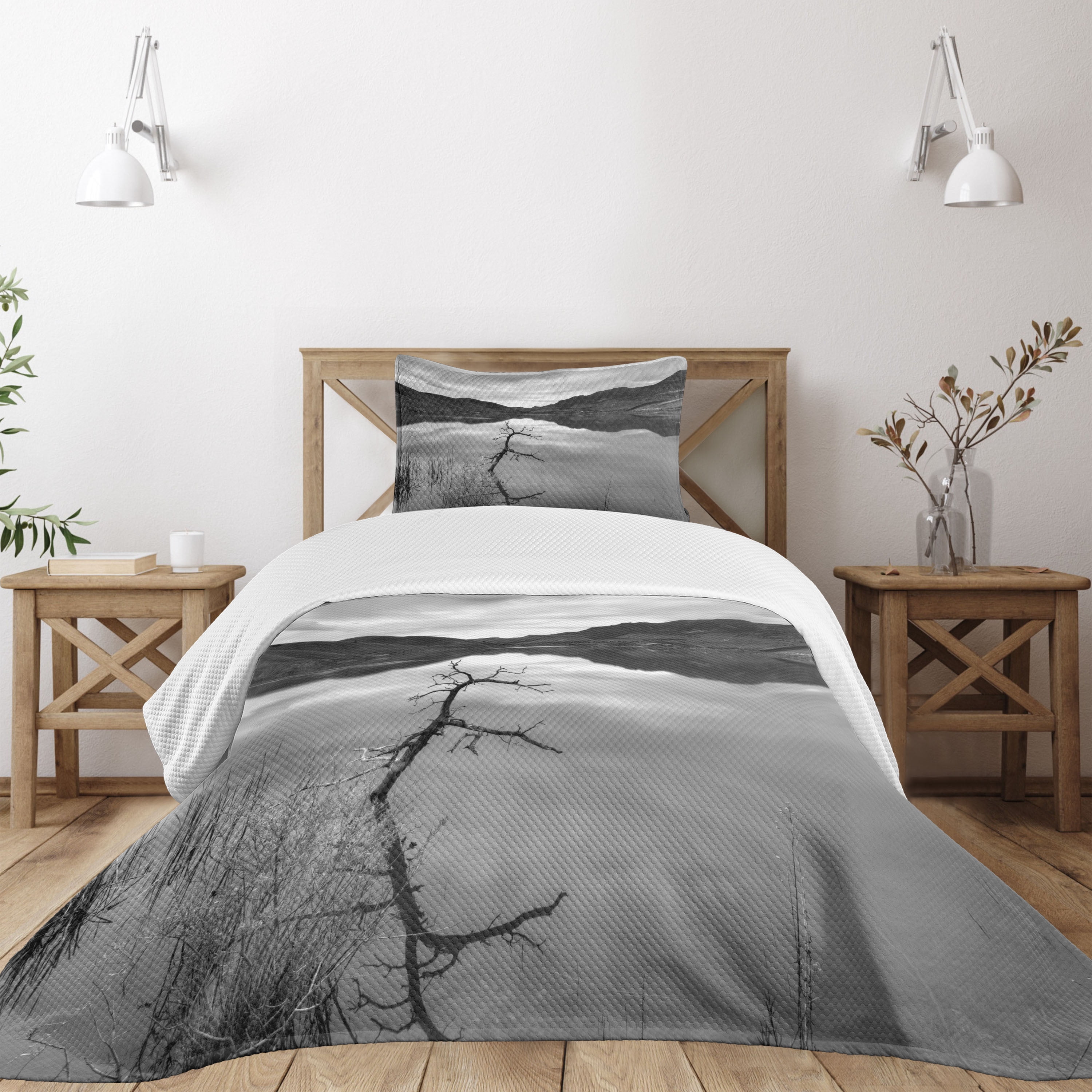Ambesonne Black and White Quilted Bedspread Set 2 Pcs, Tranquil Lake ...