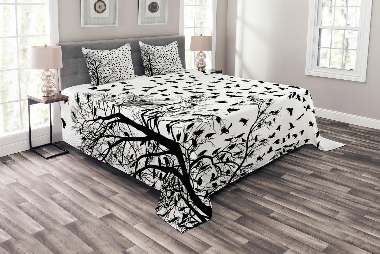 Ambesonne Black and White Quilted Bedspread Set 3 Pcs, Flying Birds ...