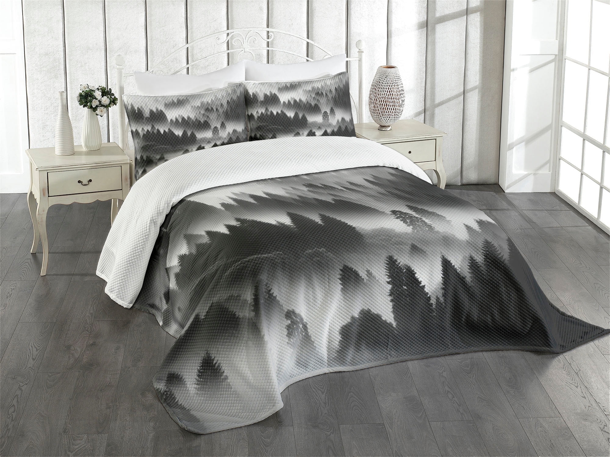 Ambesonne Black and White Quilted Bedspread Set 3 Pcs, Foggy Forest ...