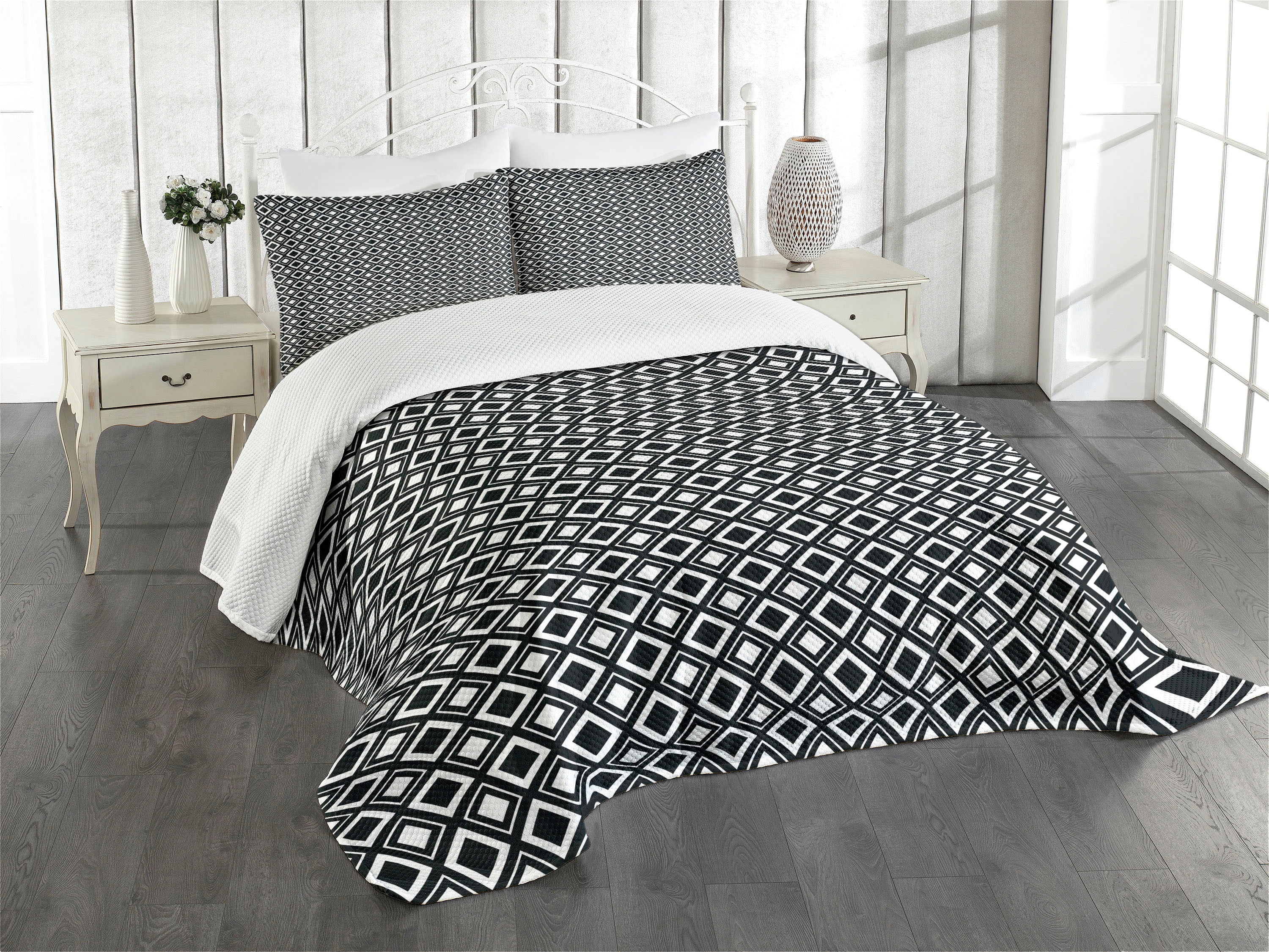 Ambesonne Black and White Quilted Bedspread Set 3 Pcs, Squares Modern ...