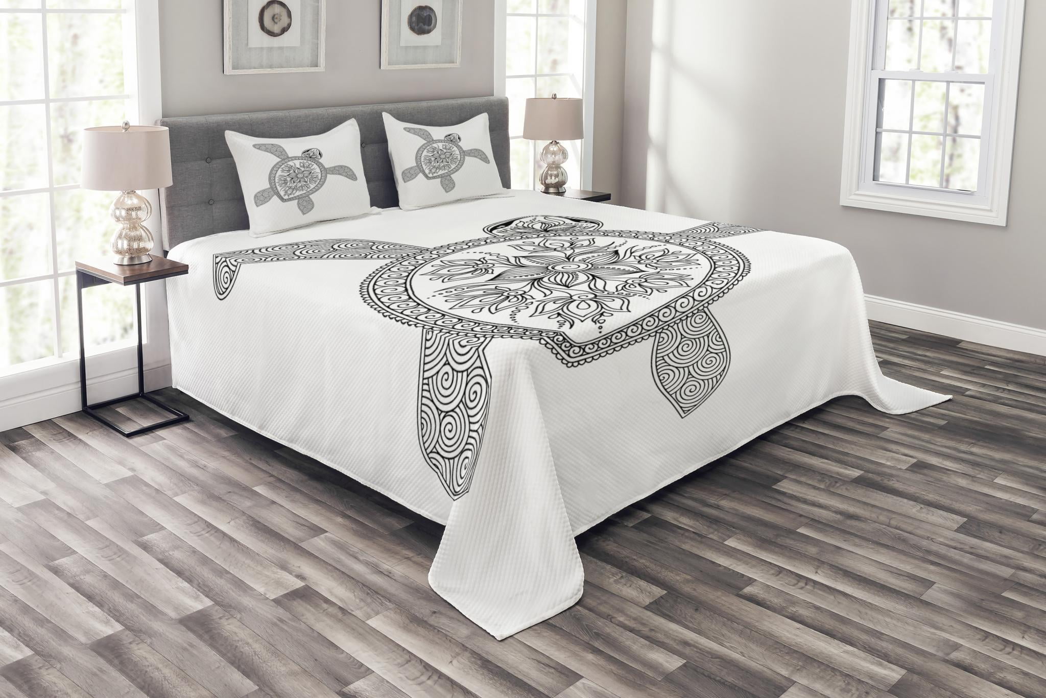 Ambesonne Black and White Quilted Bedspread Set 3 Pcs, Turtle, Queen ...