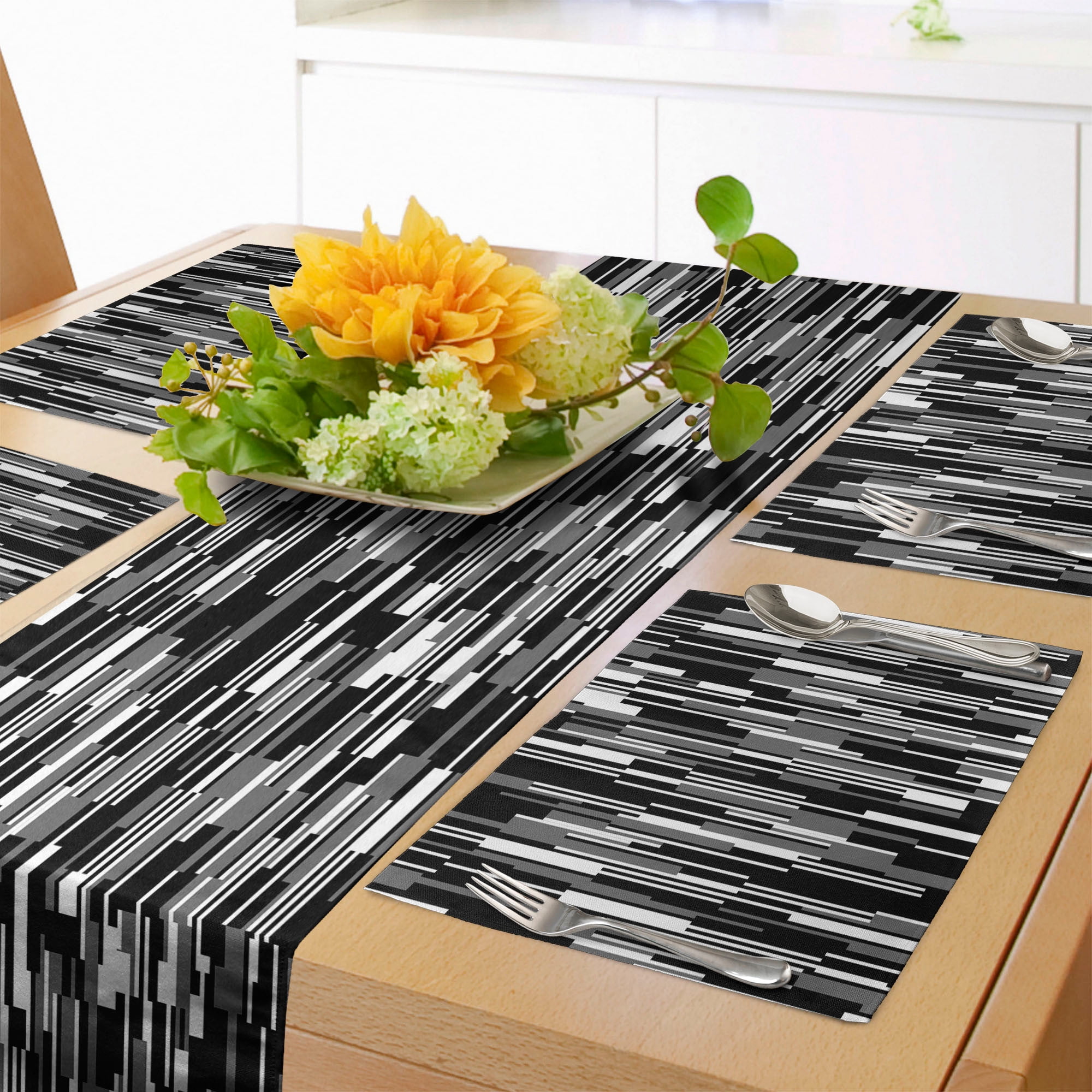 Ambesonne Black and White Table Runner & Placemats, Abstract Lines ...