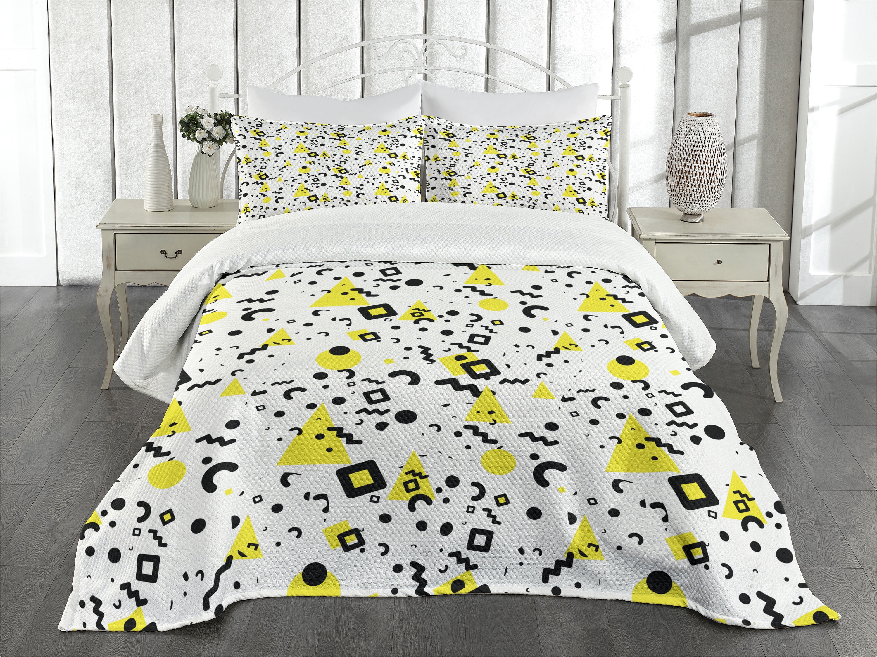 Ambesonne Black and Yellow Quilted Bedspread Set 3 Pcs, 80s Memphis ...