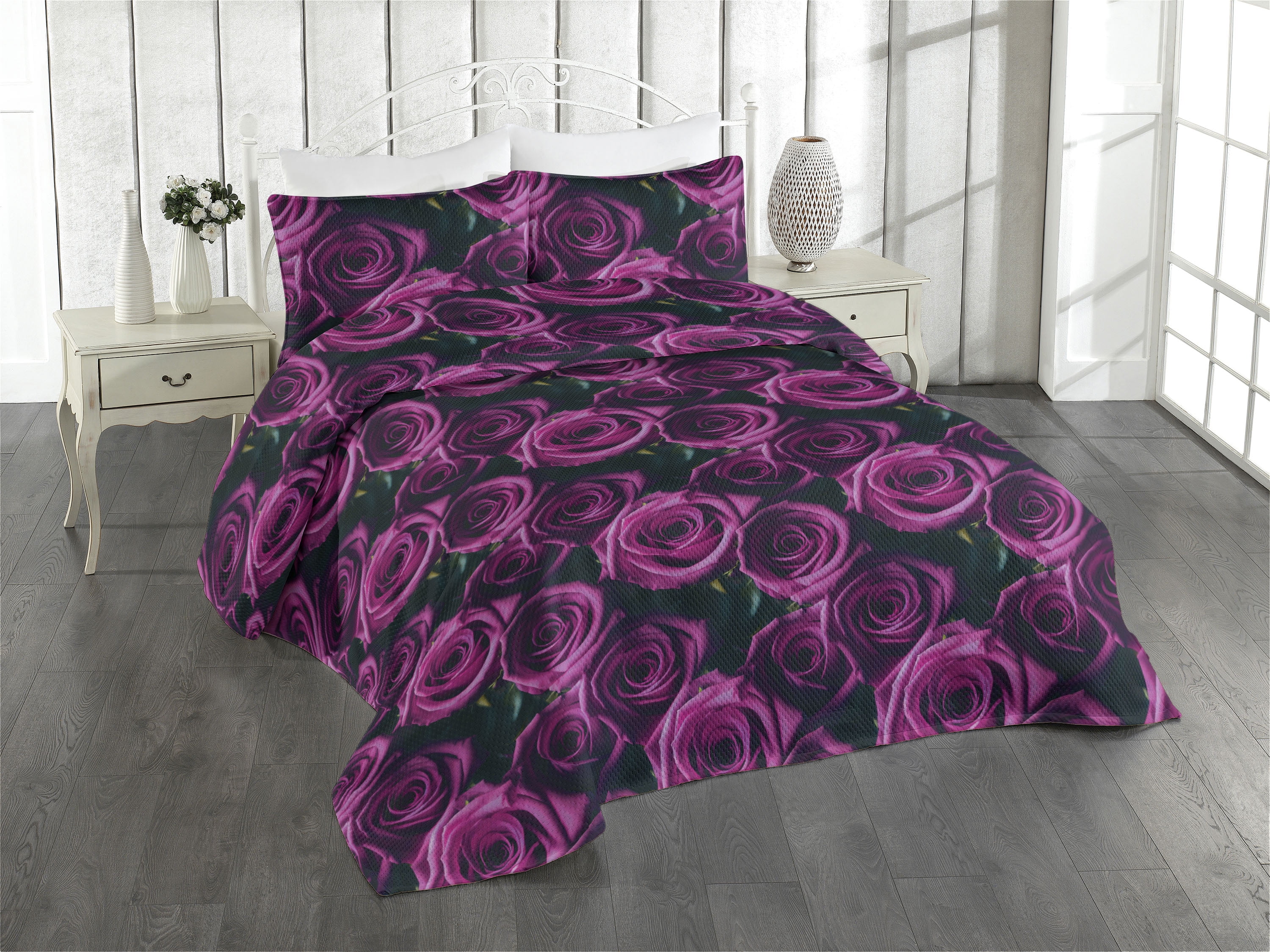 Ambesonne Blooming Roses Quilted Bedspread Set 3 Pcs, Boho Floral ...