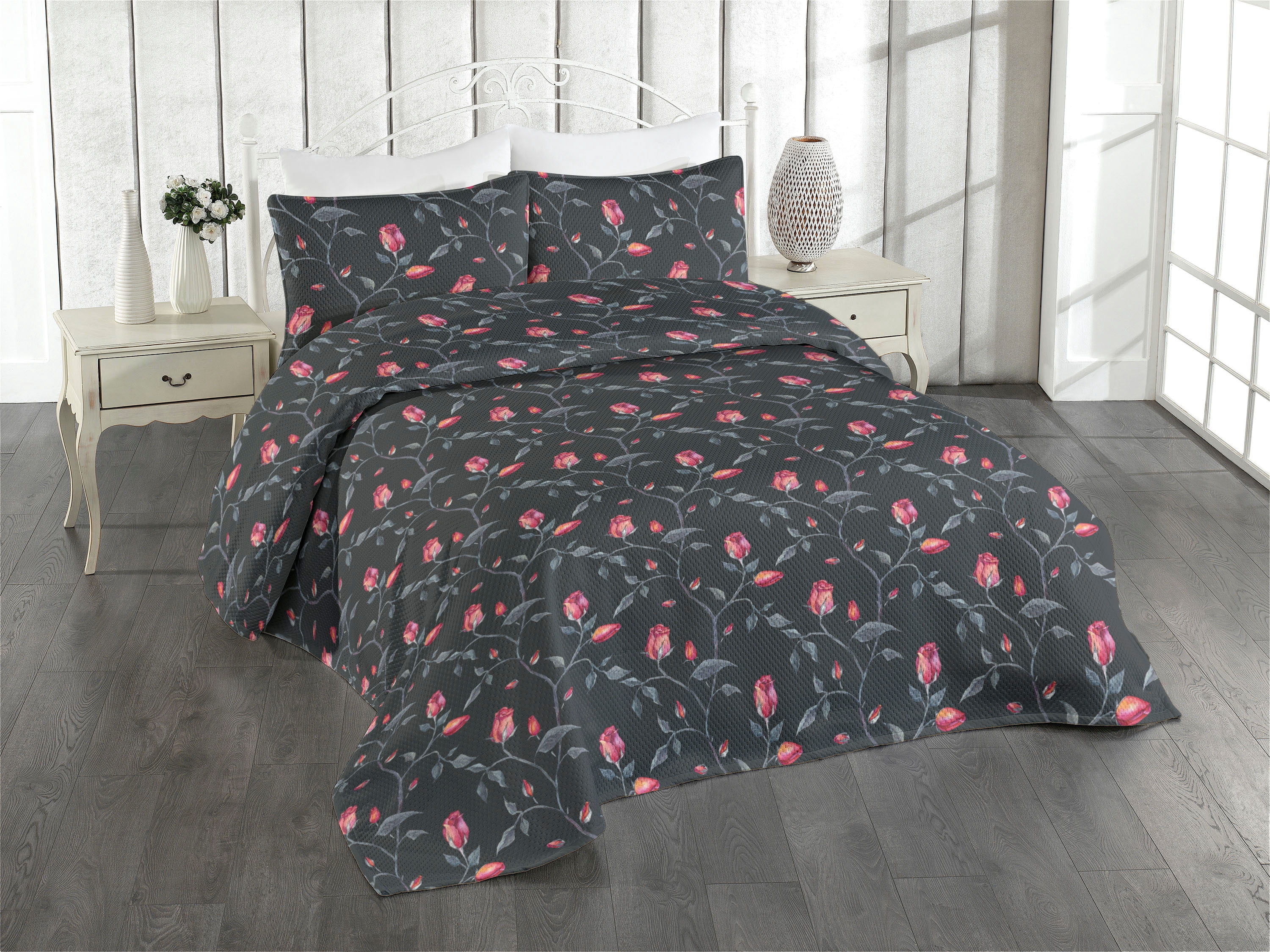 Ambesonne Blooming Roses Quilted Bedspread Set 3 Pcs, Boho Jungle ...