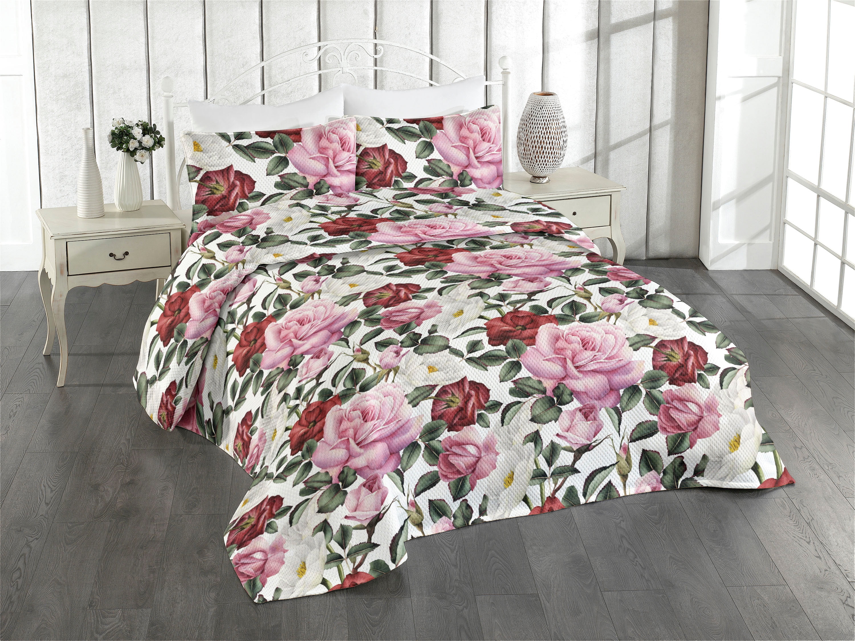 Ambesonne Blooming Roses Quilted Bedspread Set 3 Pcs, Romantic Leaves ...