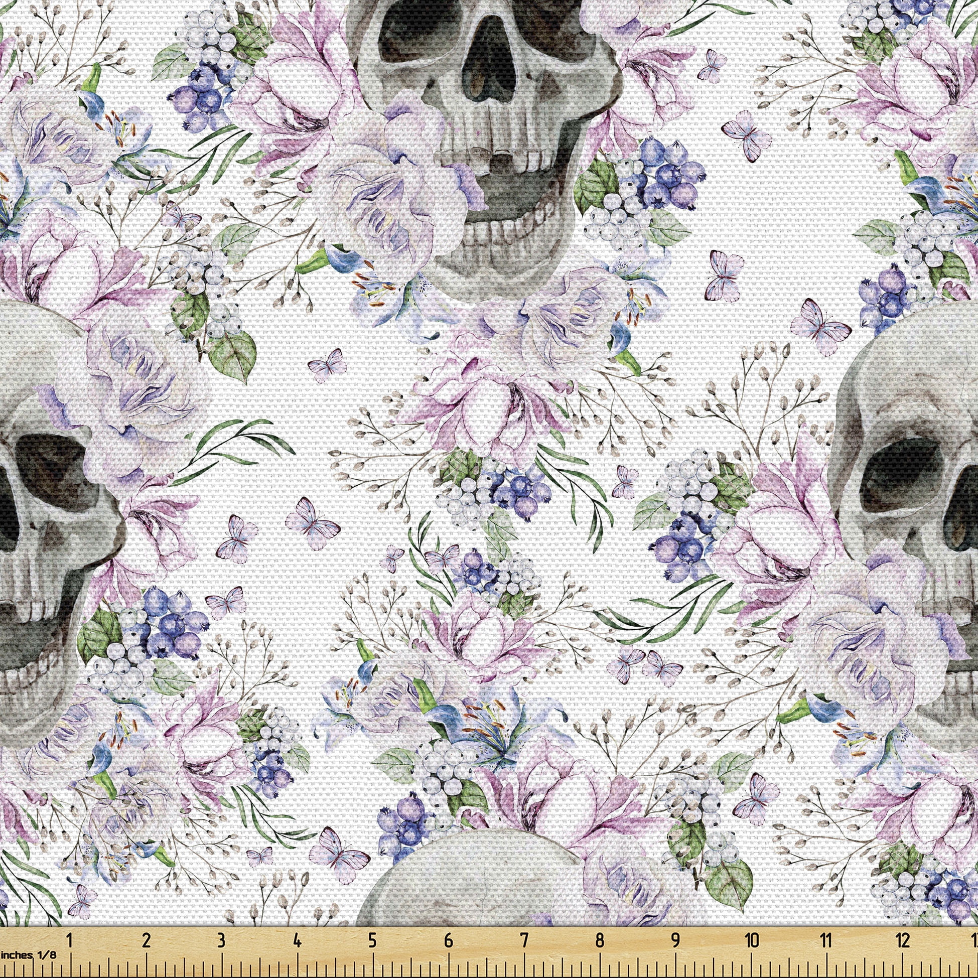Ambesonne Blooming Skull Fabric by the Yard Upholstery, Roses Peonies ...