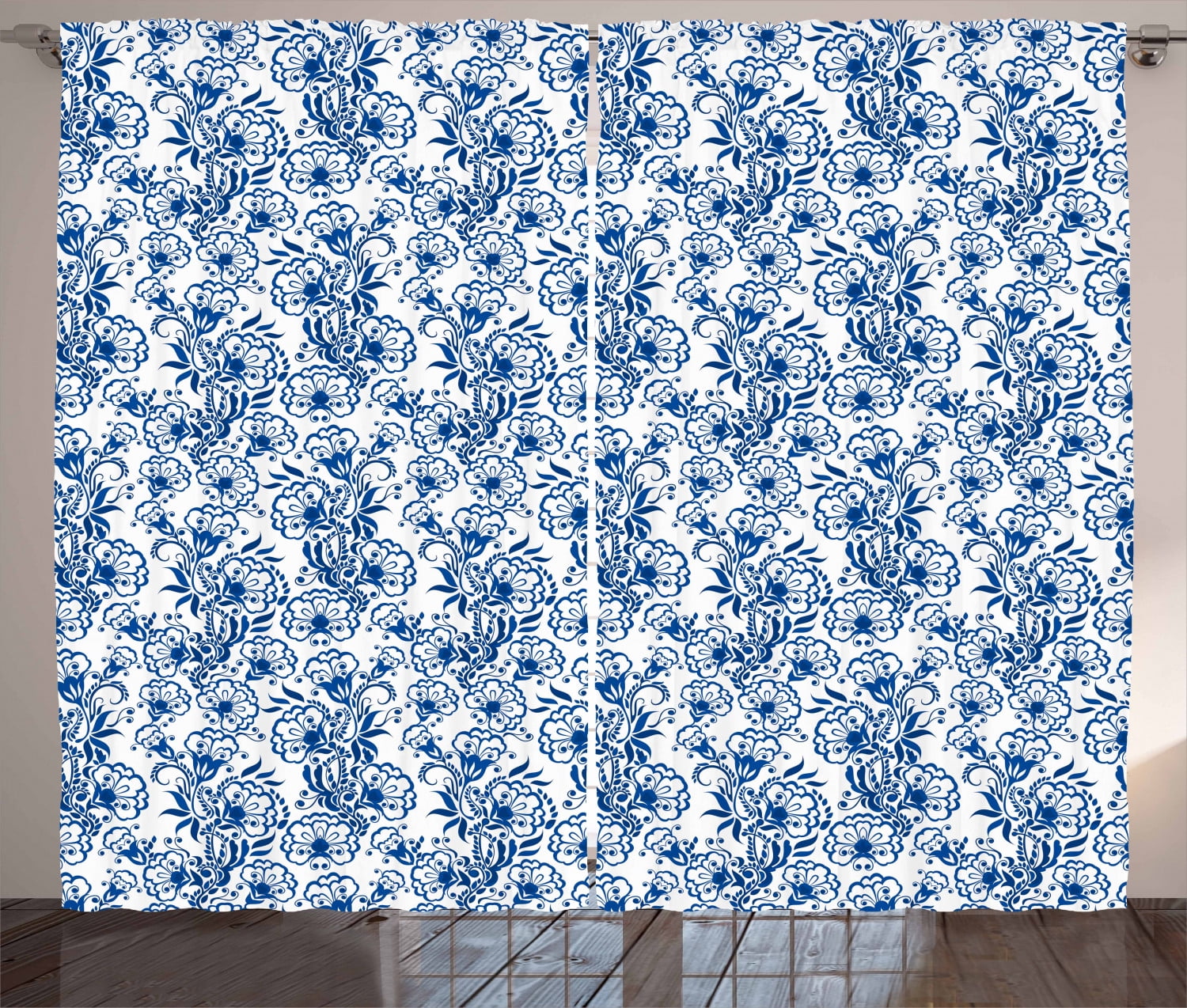 Ambesonne Blue Curtains 2 Panel Set, Russian Gzhel Style Flora, 108" x ...