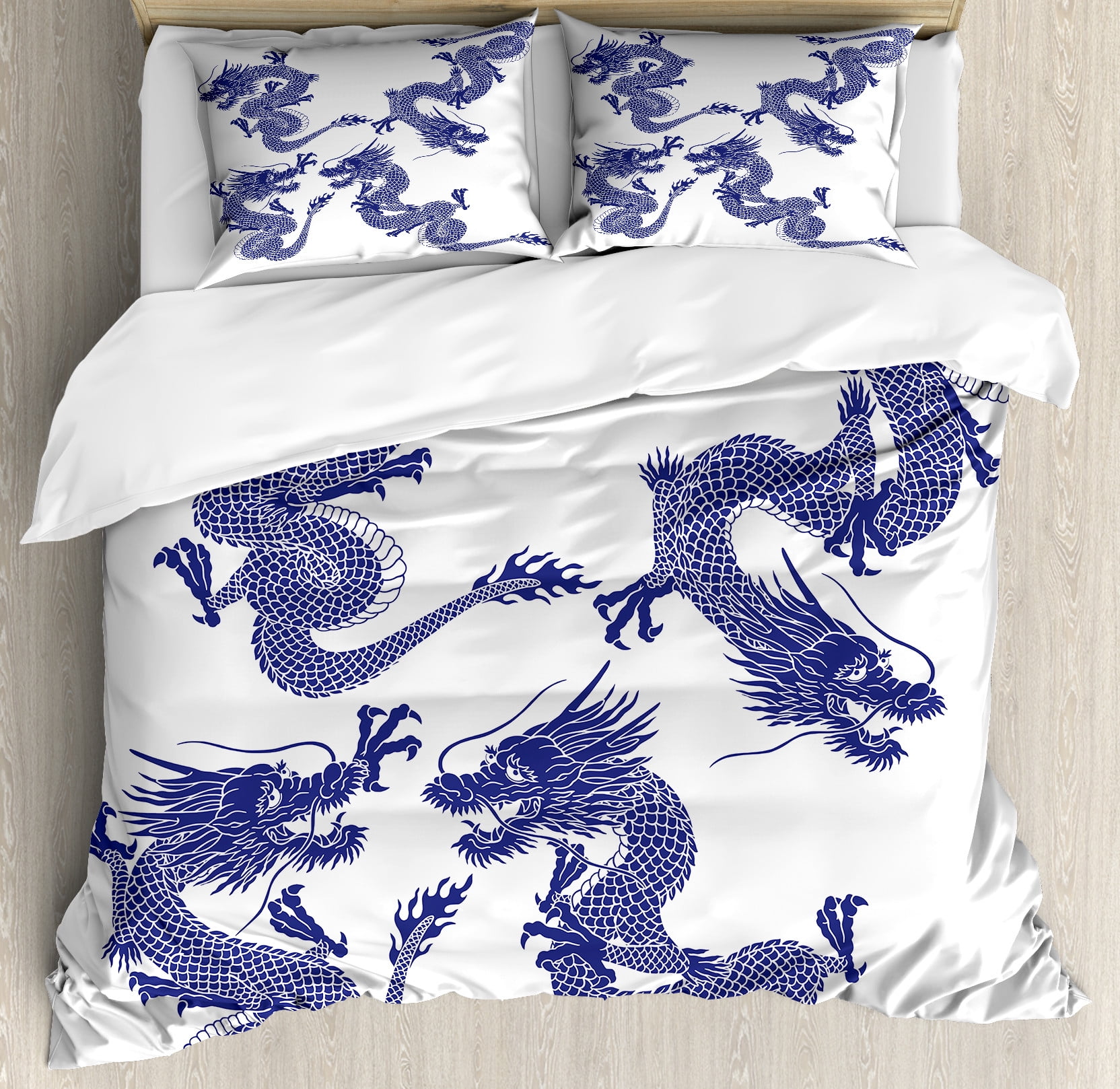 Ambesonne Blue Duvet Cover Set, Japanese Dragons Mythical, King, Blue ...