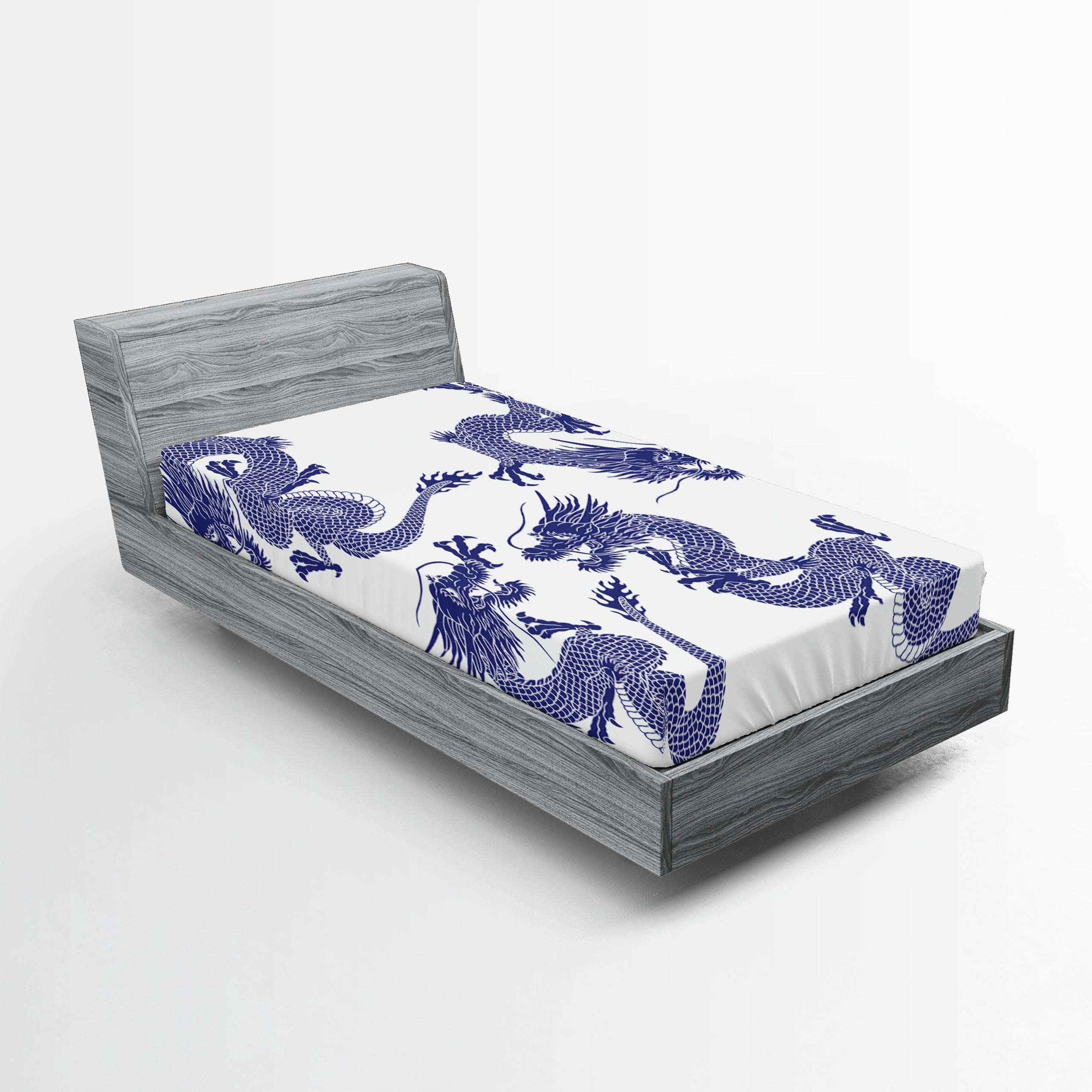 Ambesonne Blue Fitted Sheet, Japanese Dragons Mythical, Twin Size, Blue ...