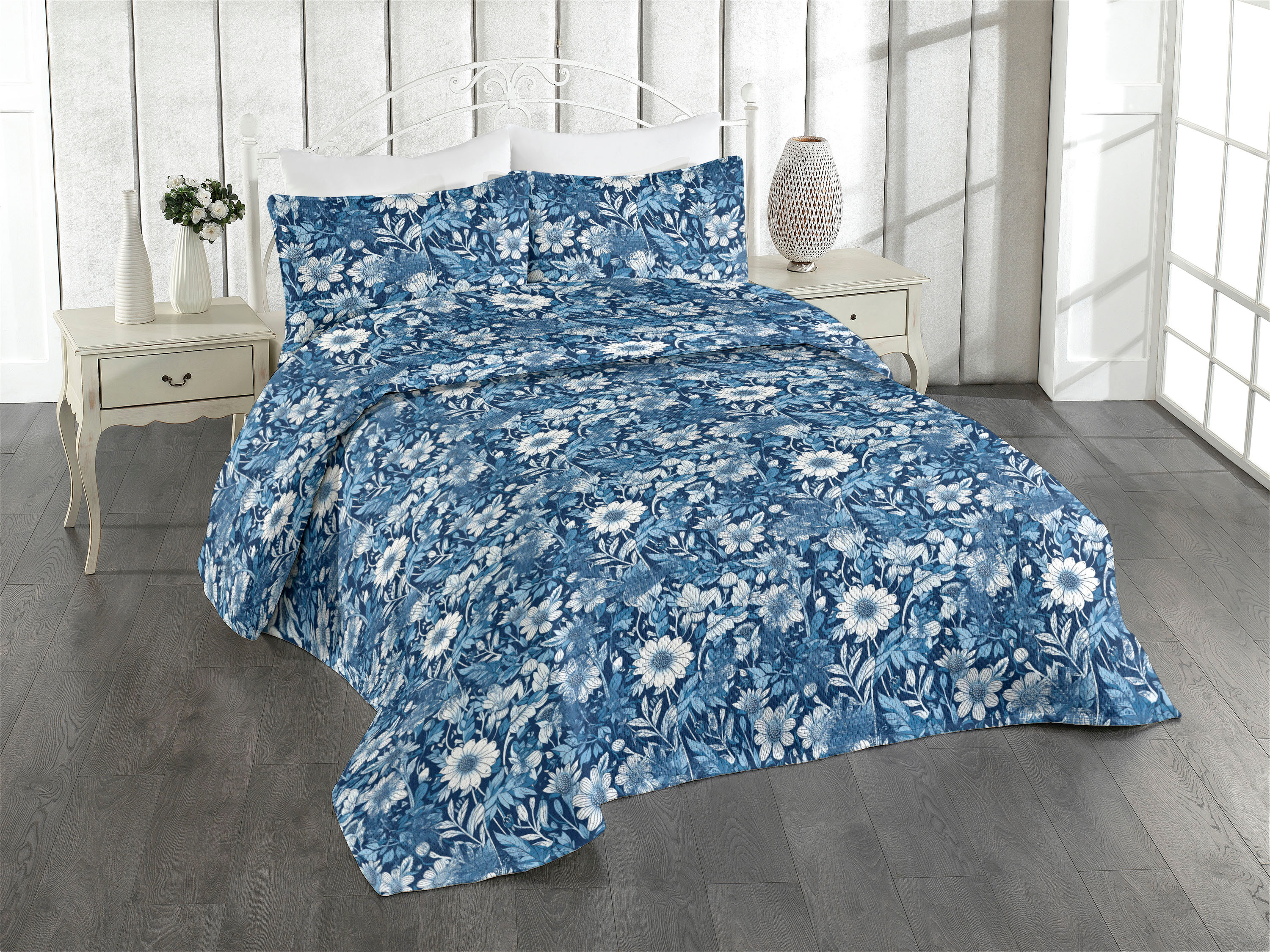 Ambesonne Blue Floral Quilted Bedspread Set 3 Pcs, Ethnic Meadow Daisy ...