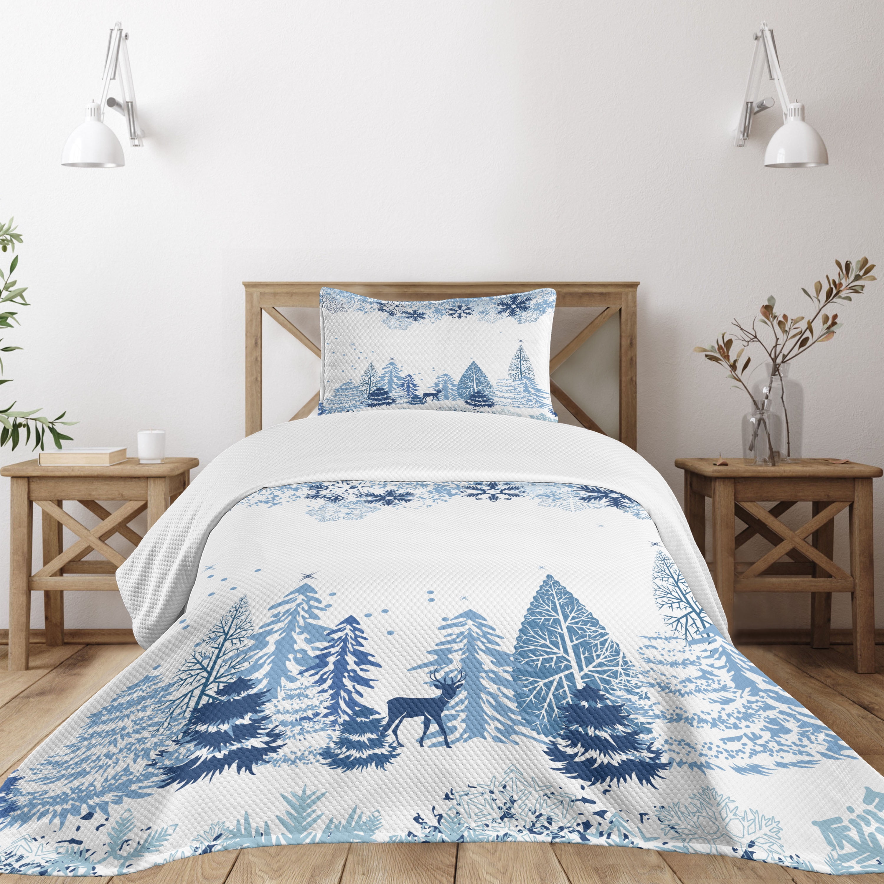 Ambesonne Winter Quilted Bedspread Set 2 Pcs, Deer Pine Trees Xmas ...