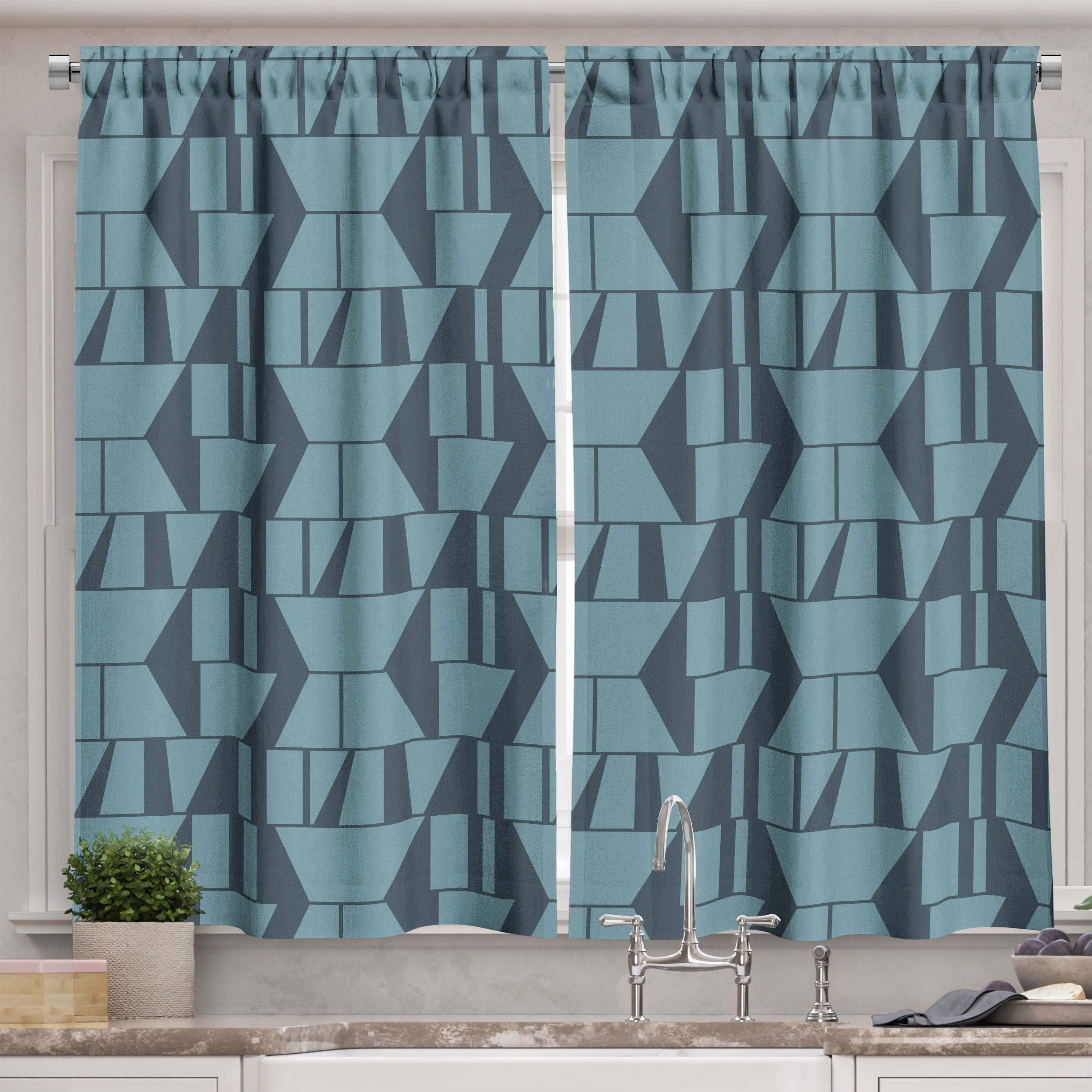 Ambesonne Blue Kitchen Curtains, Modern Squares Triangles, 55"x45 ...