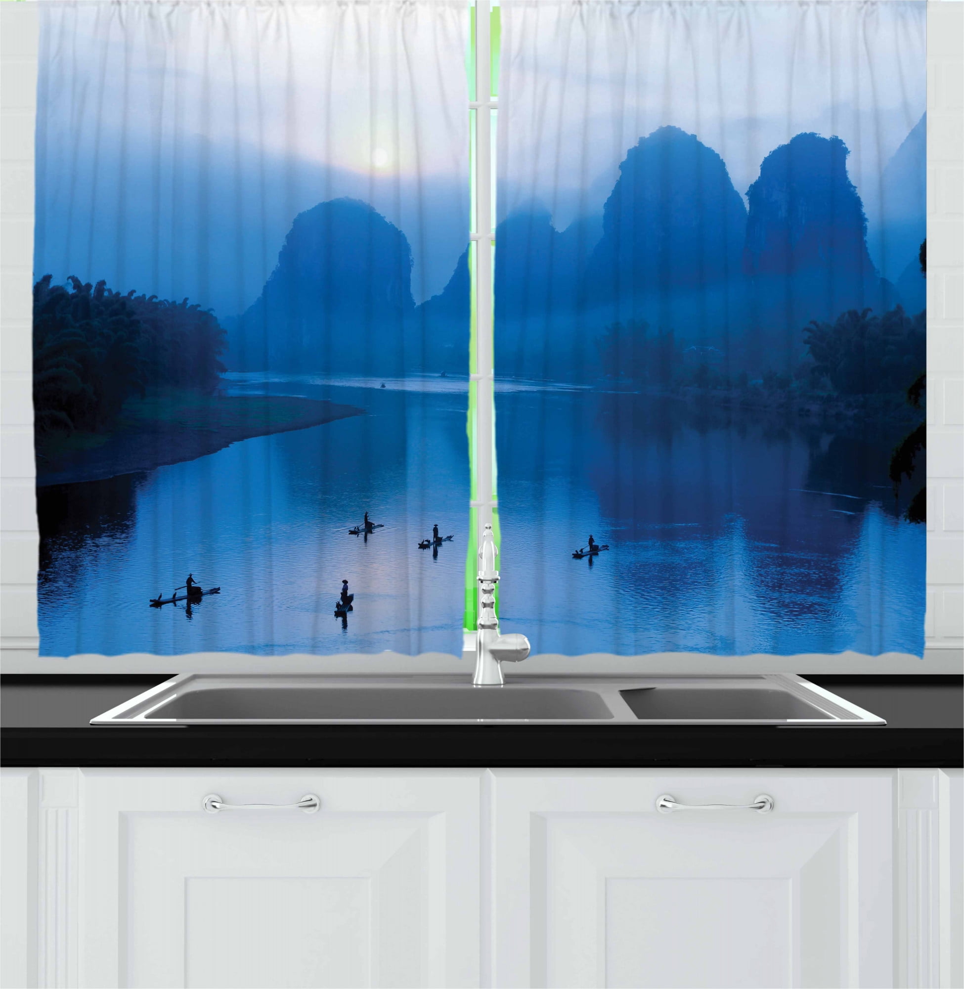 Ambesonne Blue Kitchen Curtains, Sunrise Raft River Scenery, 55"x45 ...