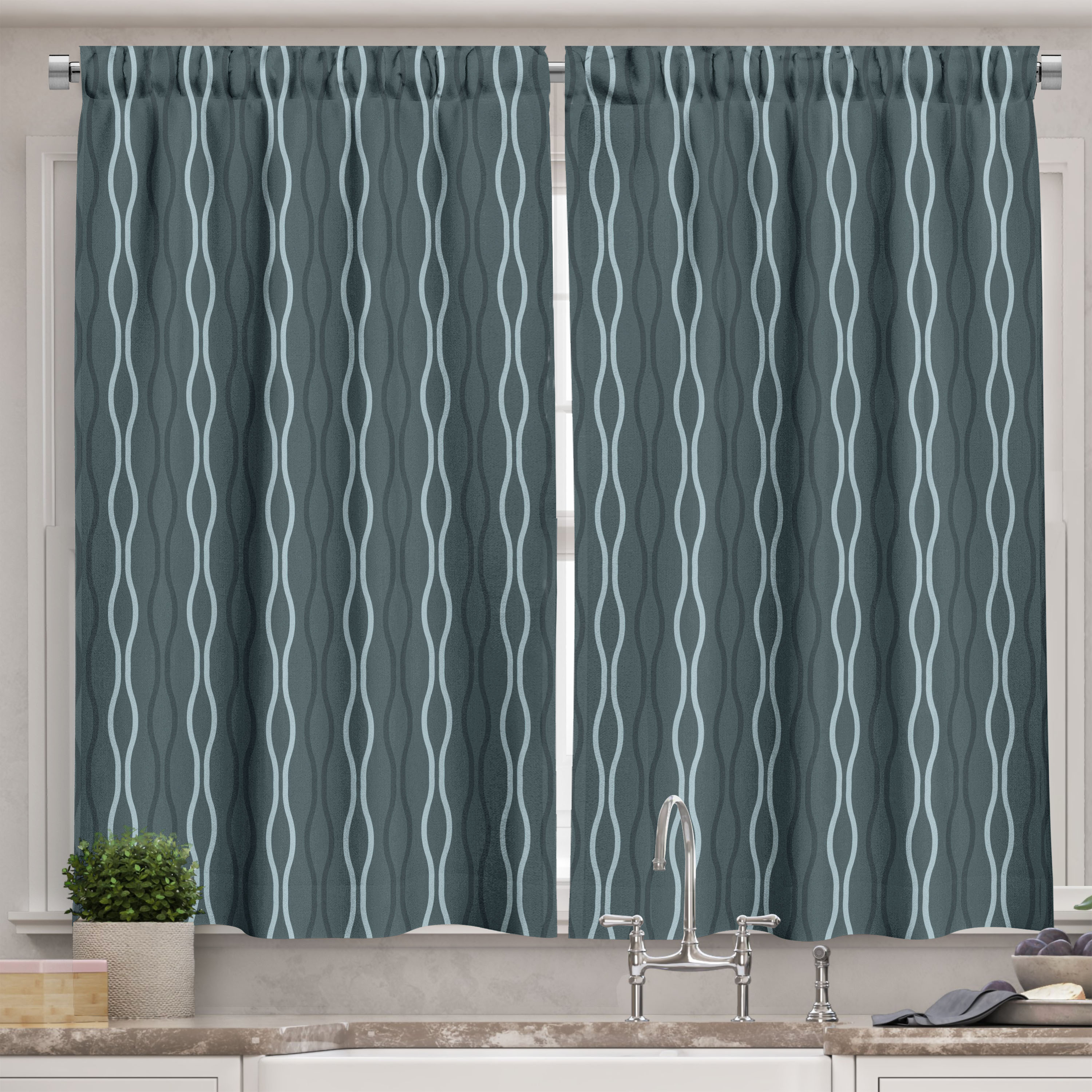 Ambesonne Blue Kitchen Curtains, Under the Sea Wave Lines, 55"x39 ...