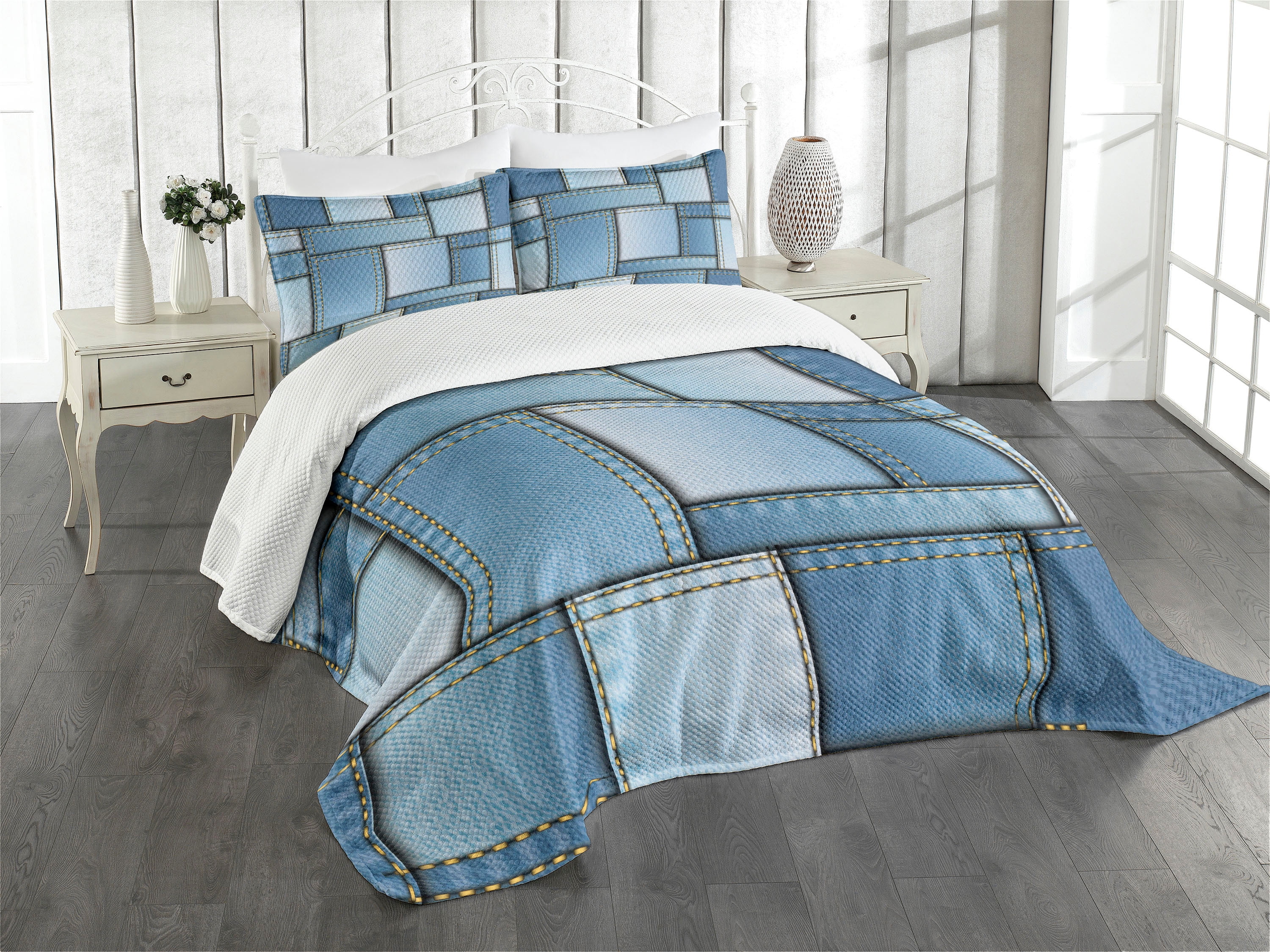 Ambesonne Blue Quilted Bedspread Set 2 Pcs, Denim Patchwork Pattern ...