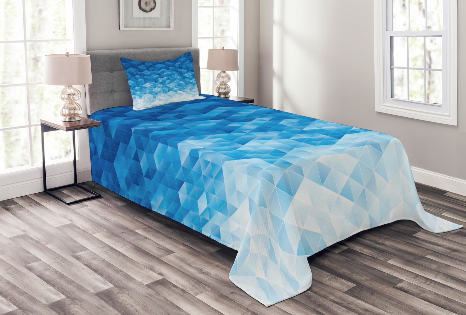 Ambesonne Blue Quilted Bedspread Set 2 Pcs, Mosaic Triangle Graphic ...
