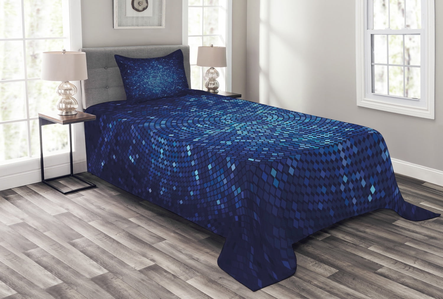 Ambesonne Blue Quilted Bedspread Set 2 Pcs, Pixel Mosaic Depth Art ...