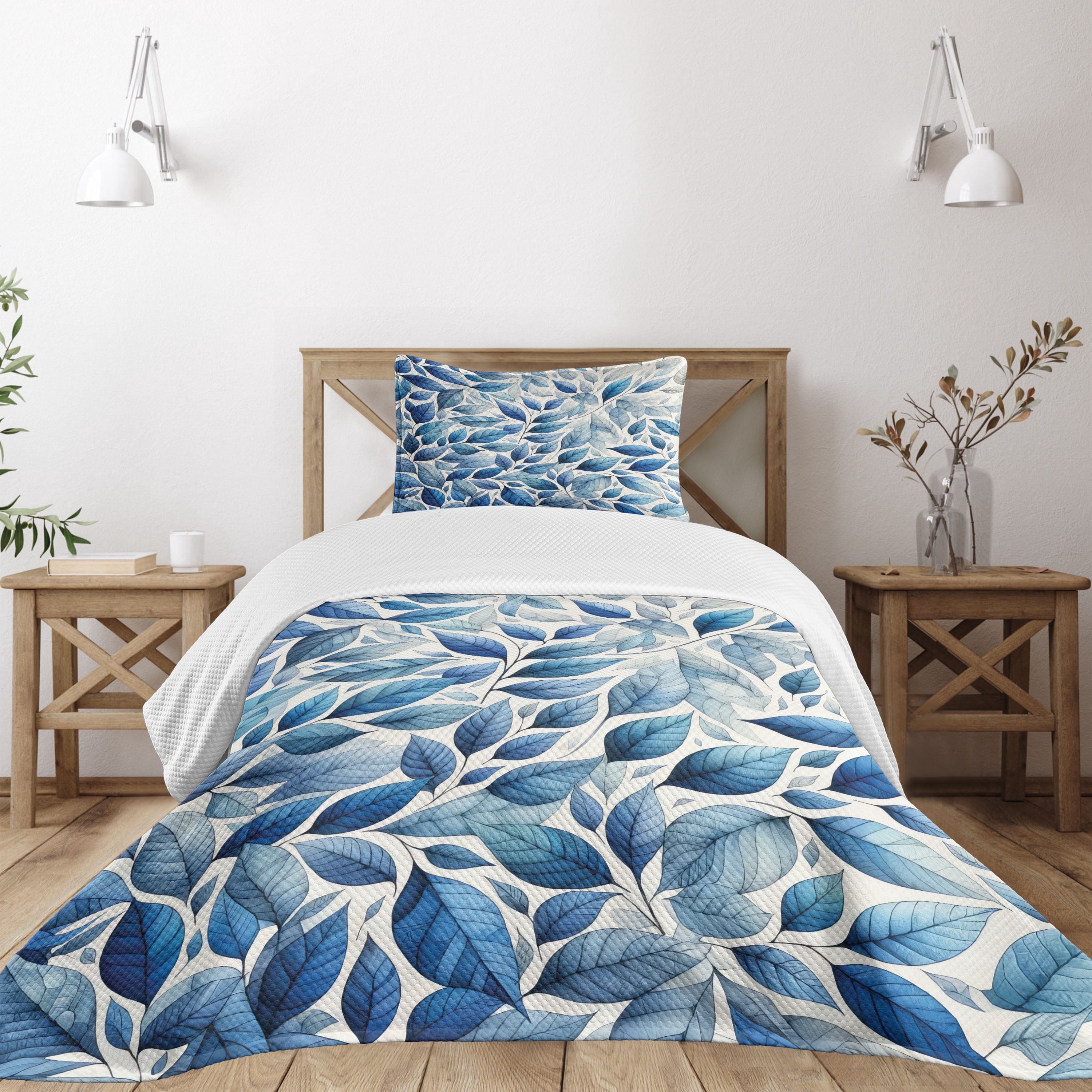 Ambesonne Blue Quilted Bedspread Set 2 Pcs, Watercolor Botany Leaf ...