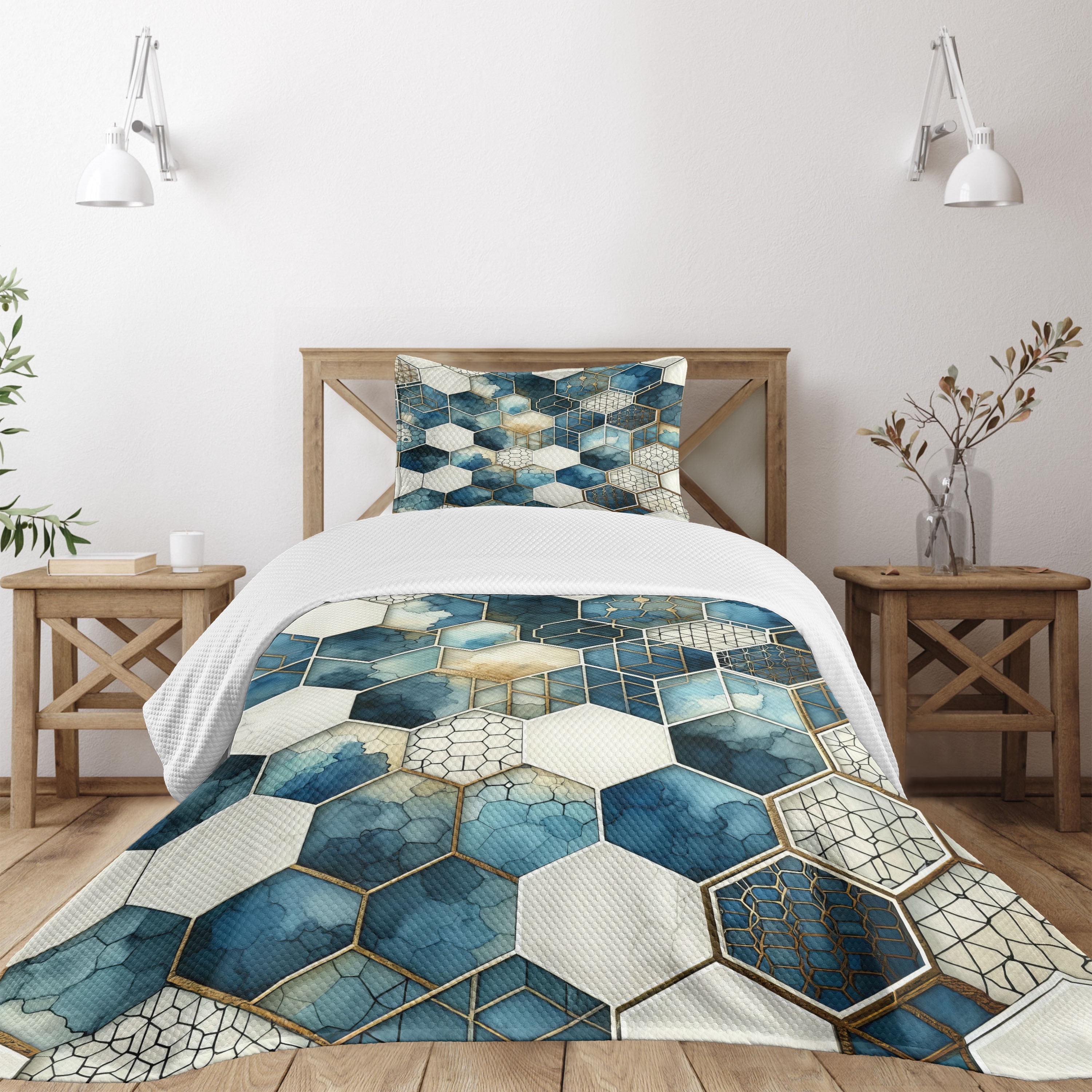 Ambesonne Blue Quilted Bedspread Set 2 Pcs, Watercolor Honeycomb Mesh ...