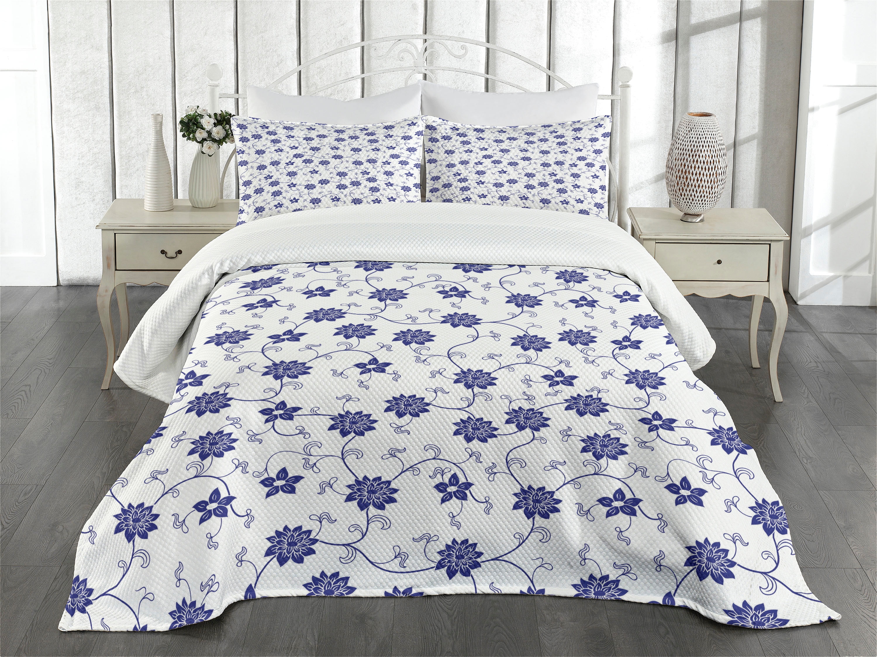 Ambesonne Blue Quilted Bedspread Set 3 Pcs, Chinese Floral Nature, King ...