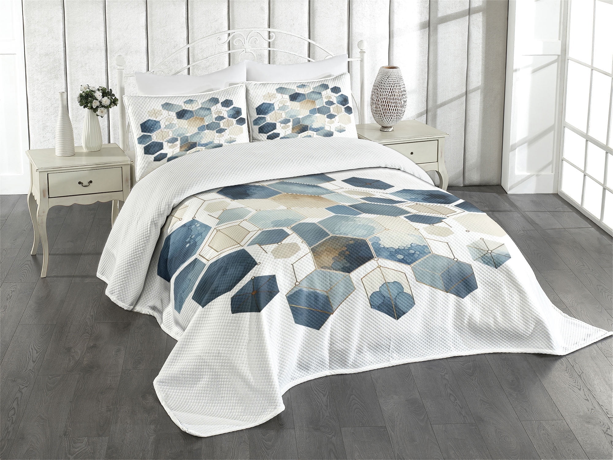 Ambesonne Blue Quilted Bedspread Set 3 Pcs, Contemporary Geometric ...