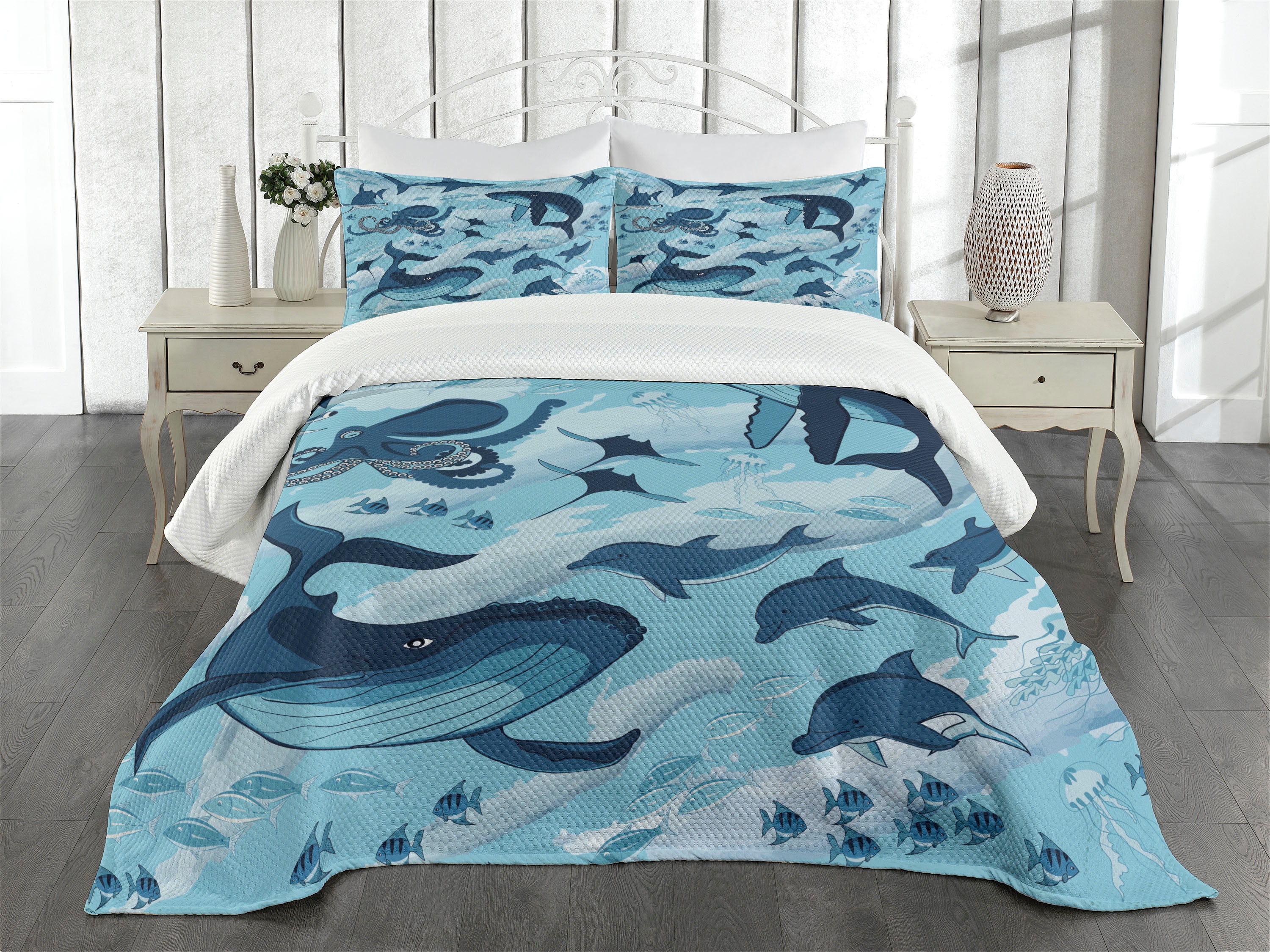 Ambesonne Blue Quilted Bedspread Set 3 Pcs, Dolphins Octopus Starfish ...