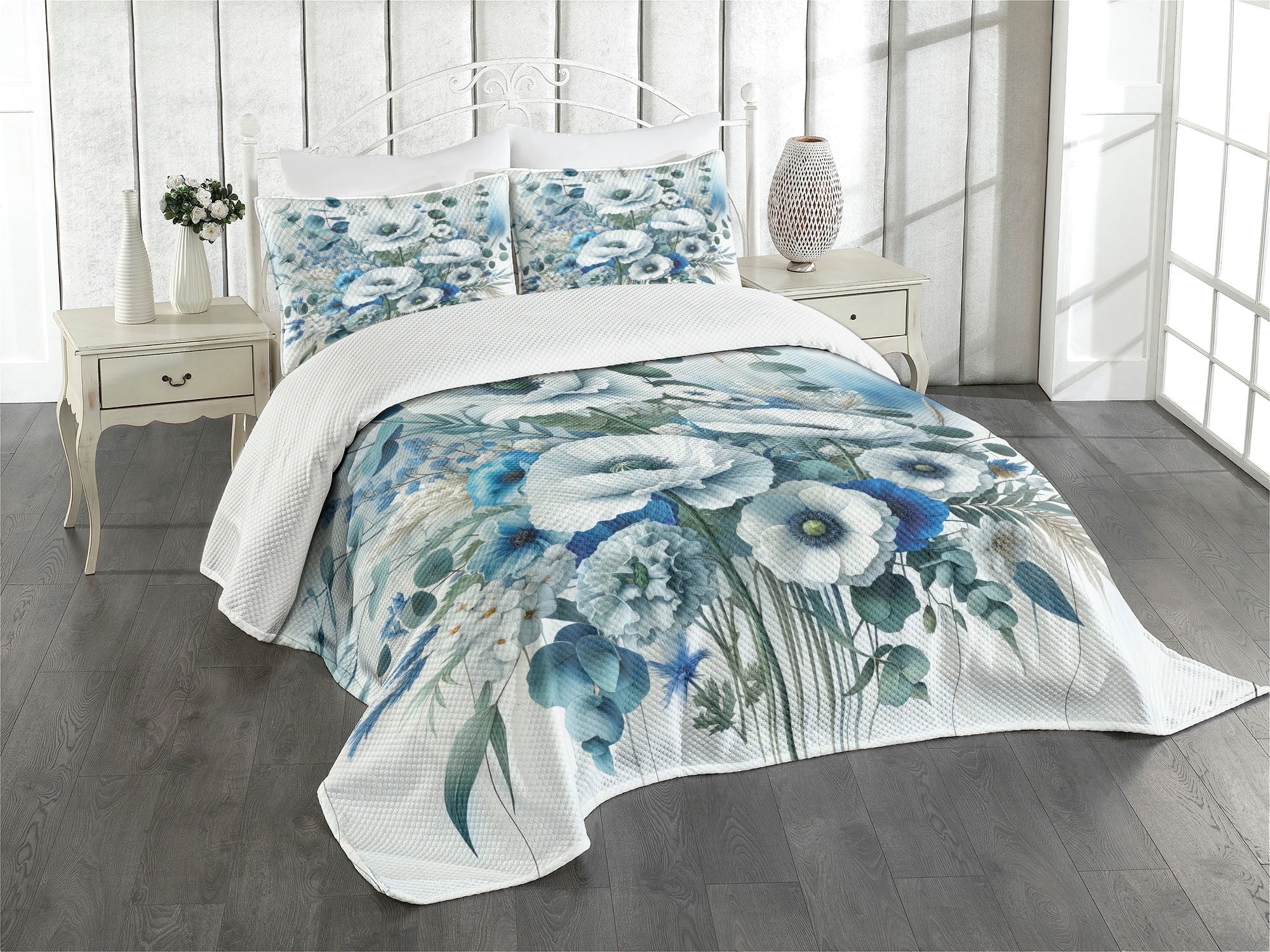 Ambesonne Blue Quilted Bedspread Set 3 Pcs, Dramatic Eucalyptus Poppies ...