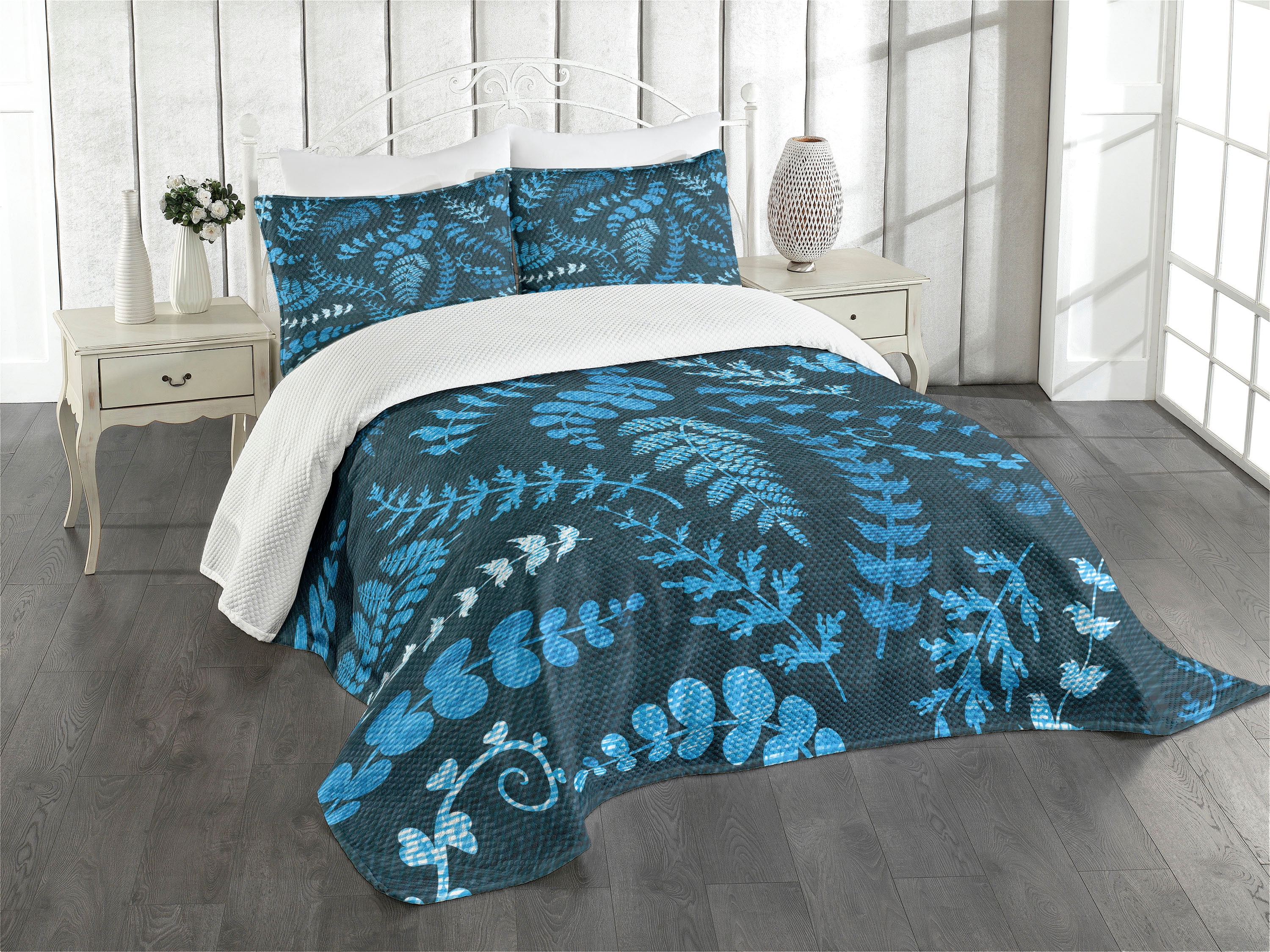 Ambesonne Blue Quilted Bedspread Set 3 Pcs, Floral Swirl Leaves Branch ...