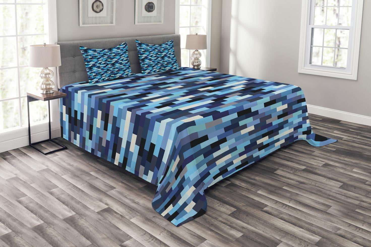 Ambesonne Blue Quilted Bedspread Set 3 Pcs, Geometric Design Stripes ...