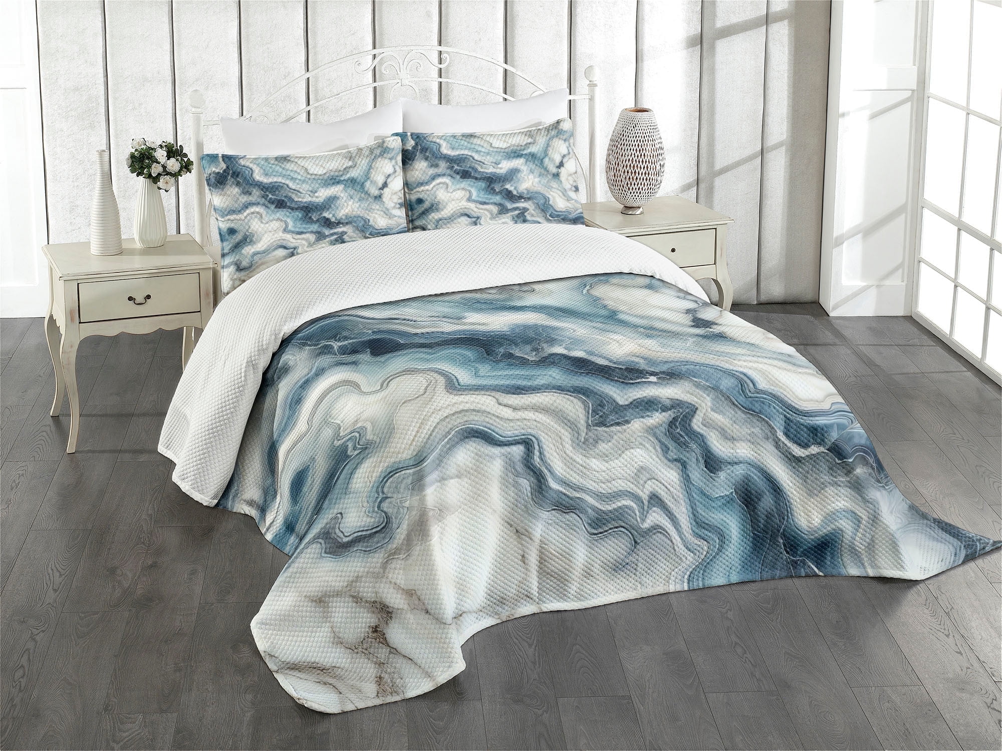 Ambesonne Blue Quilted Bedspread Set 3 Pcs, Marble Print Deep Sky ...