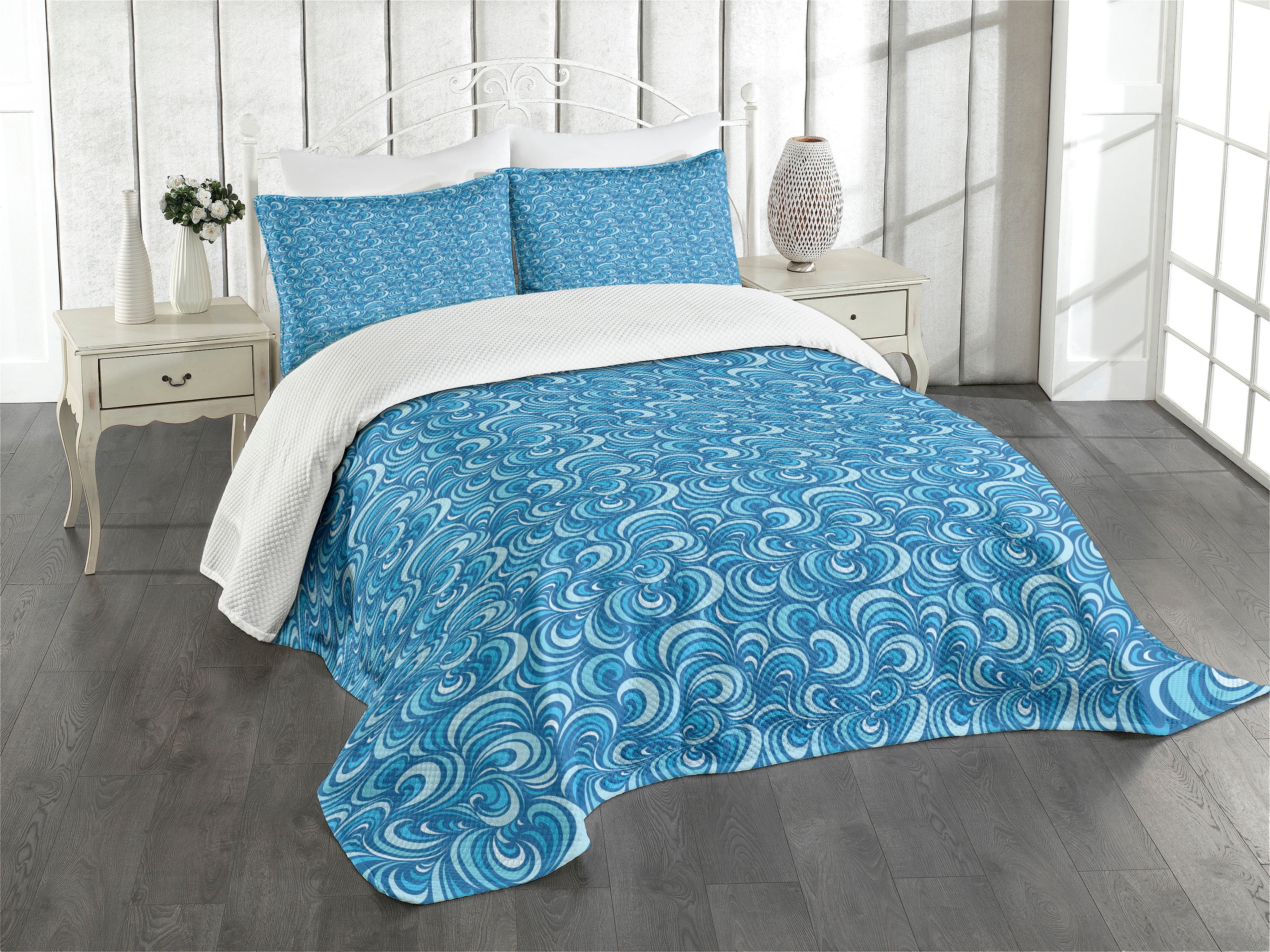 Ambesonne Blue Quilted Bedspread Set 3 Pcs, Marine Waves Spirals Art ...