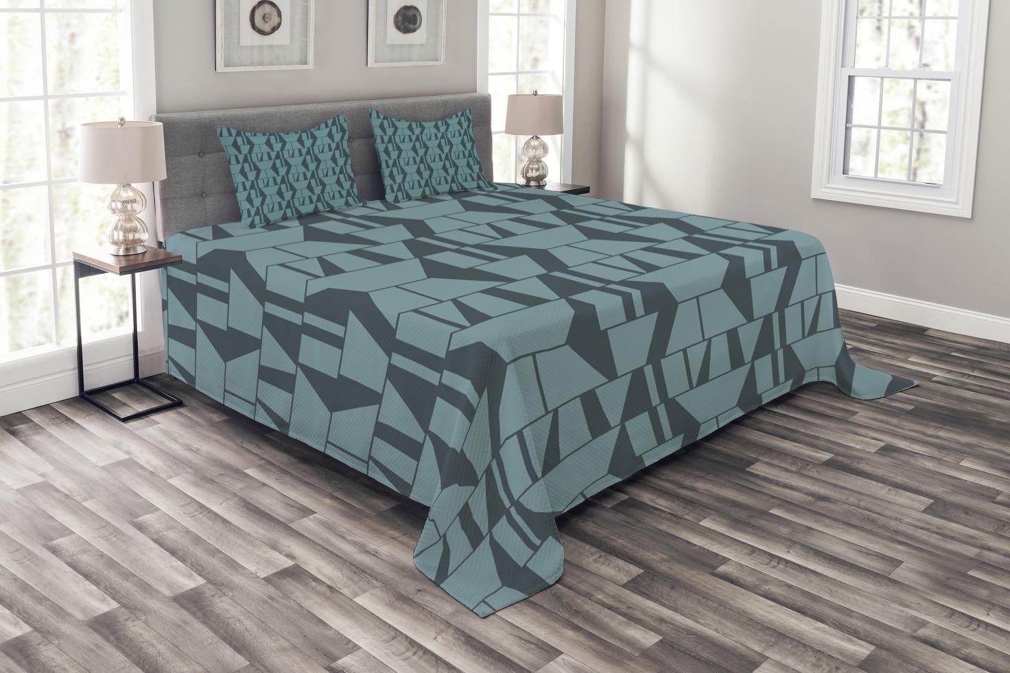 Ambesonne Blue Quilted Bedspread Set 3 Pcs, Modern Squares Triangles ...
