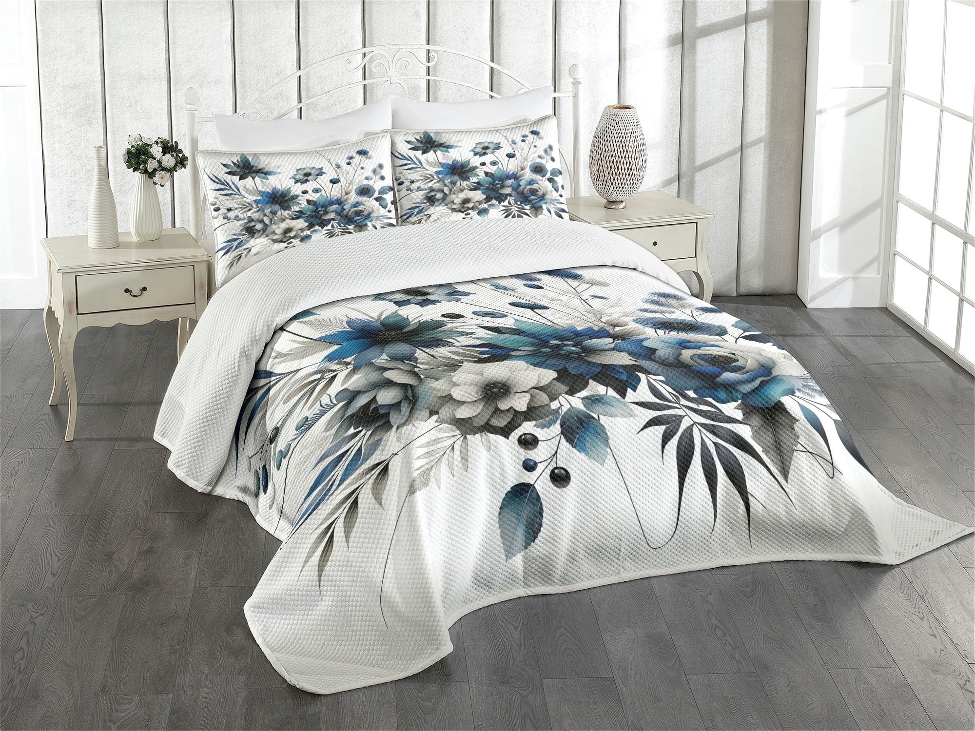 Ambesonne Blue Quilted Bedspread Set 3 Pcs, Modern Watercolor Bouquet ...