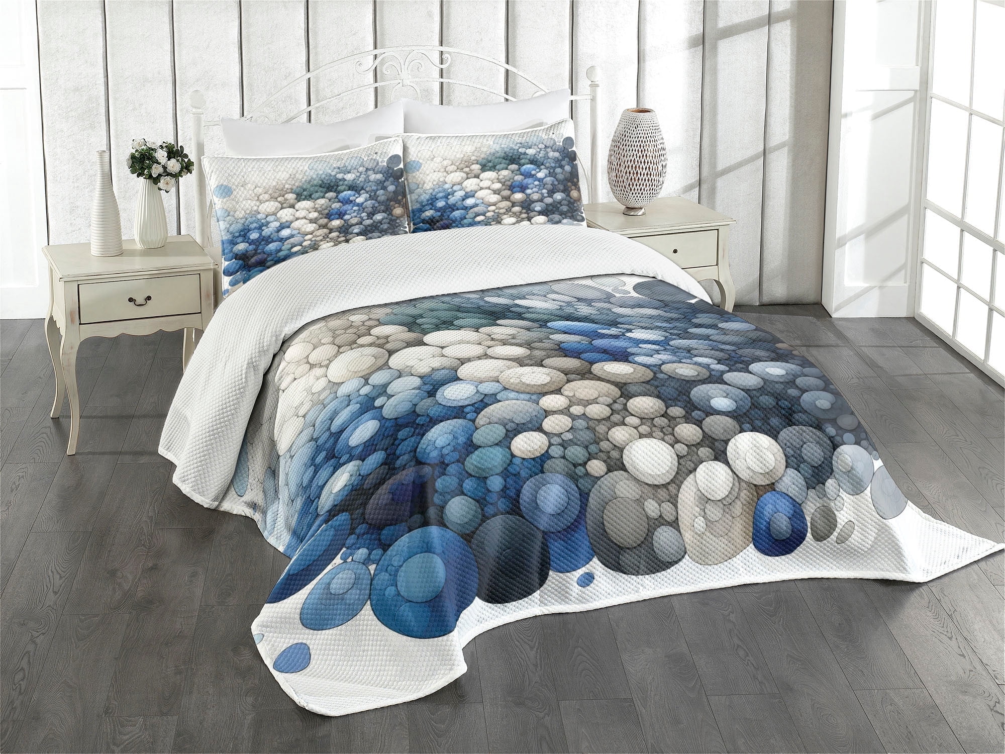 Ambesonne Blue Quilted Bedspread Set 3 Pcs, Modern Watercolor Circle ...