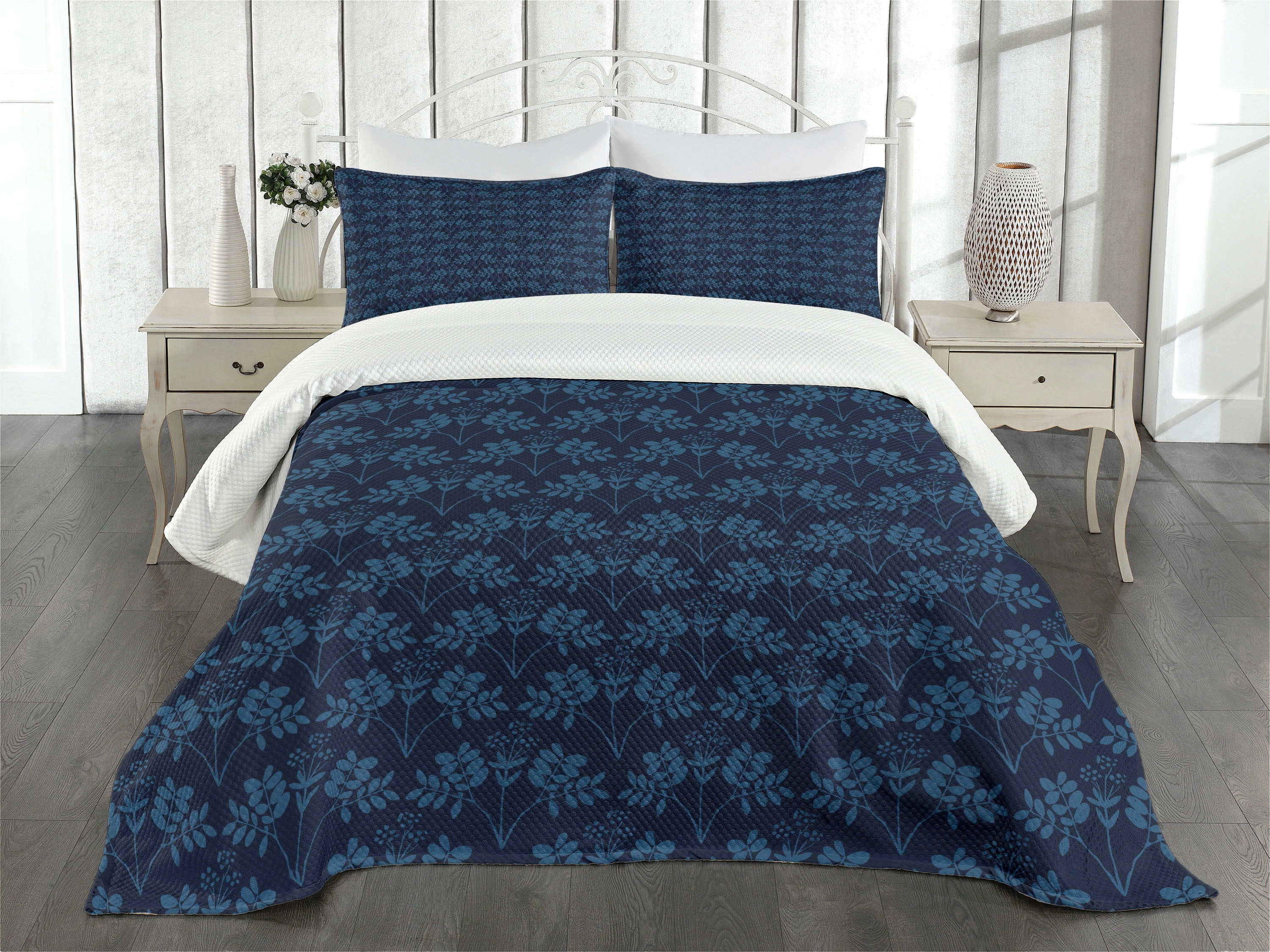 Ambesonne Blue Quilted Bedspread Set 3 Pcs, Ocean Inspired Flowers ...