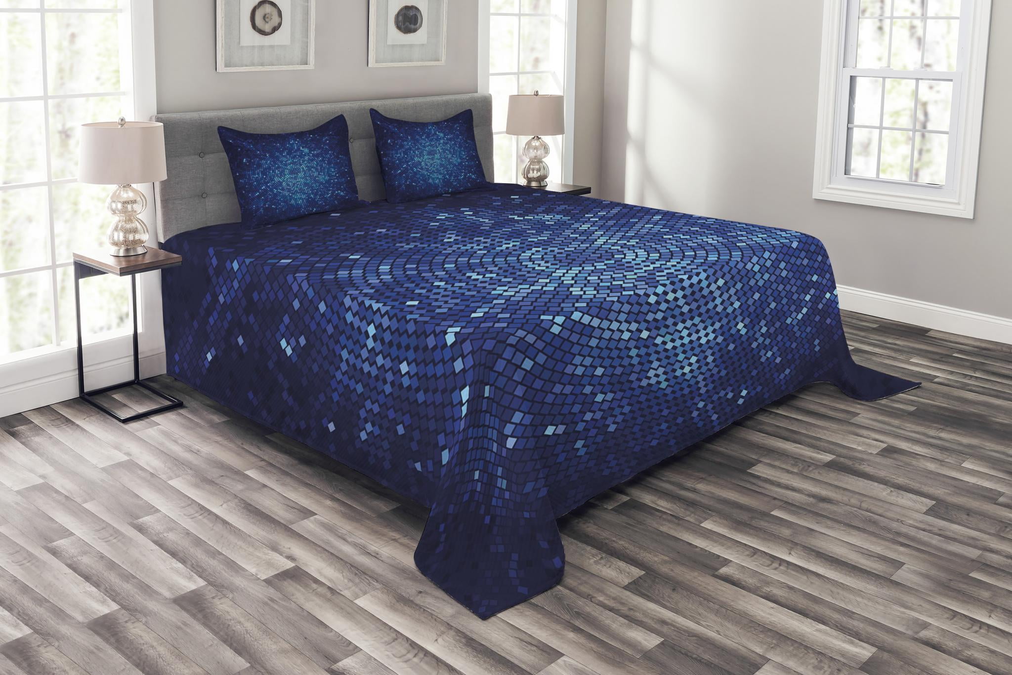 Ambesonne Blue Quilted Bedspread Set 3 Pcs, Pixel Mosaic Depth Art ...