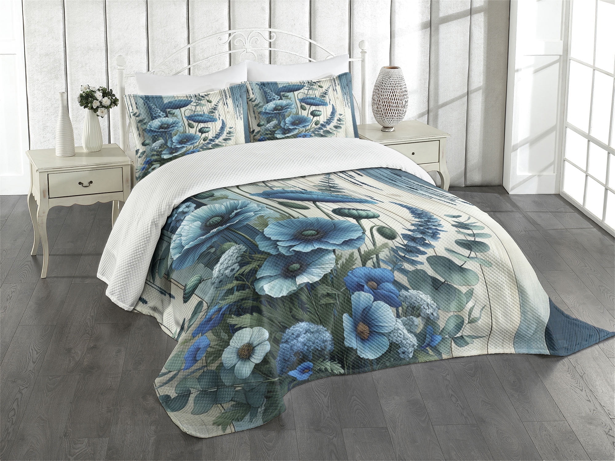 Ambesonne Blue Quilted Bedspread Set 3 Pcs, Poppy Flowers on Rustic ...