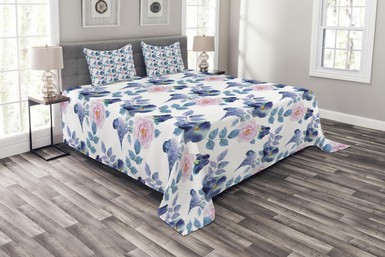 Ambesonne Blue Quilted Bedspread Set 3 Pcs, Spring Sparrow Birds, King ...