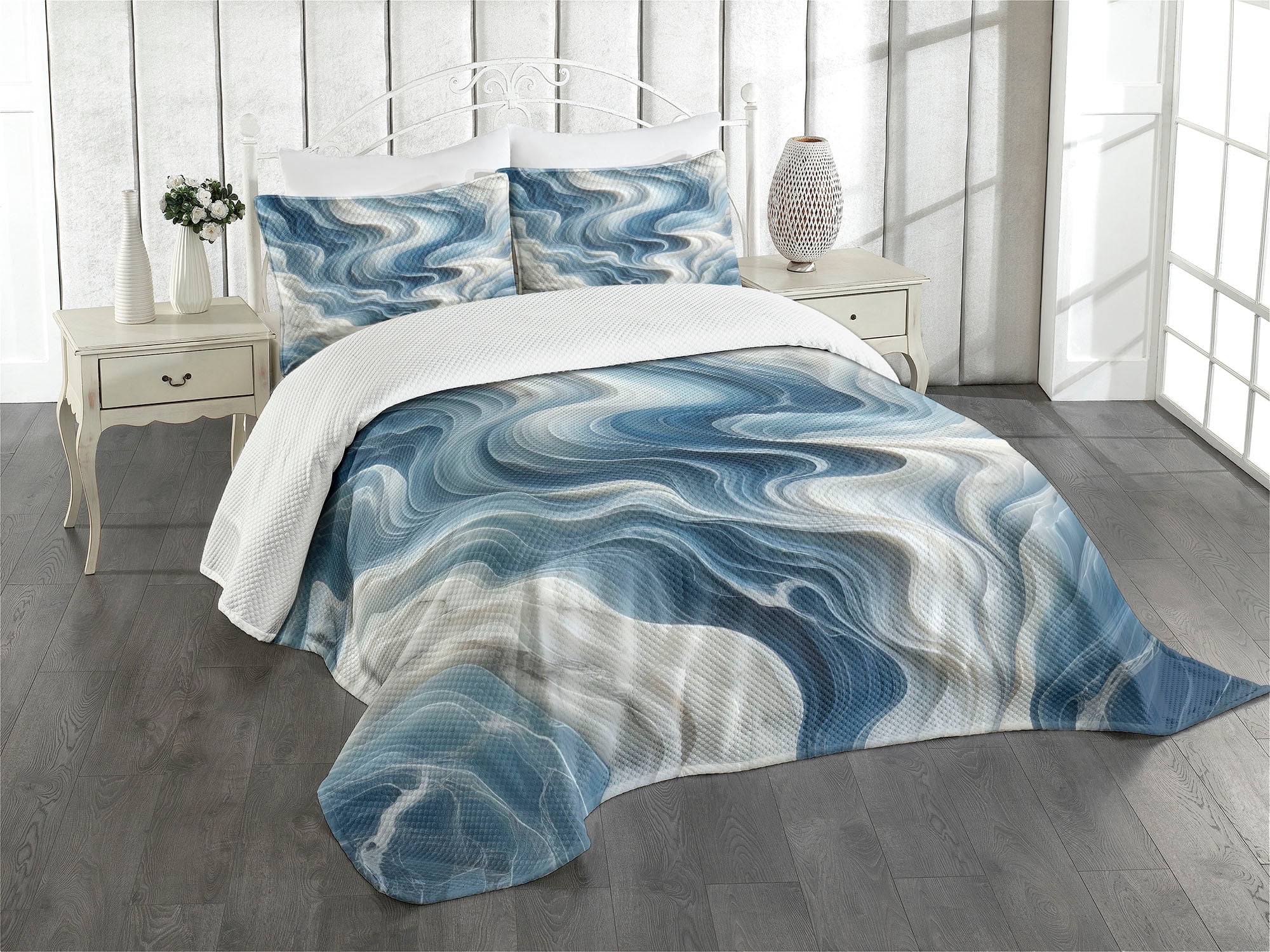 Ambesonne Blue Quilted Bedspread Set 3 Pcs, Surreal Oceanic Marble ...