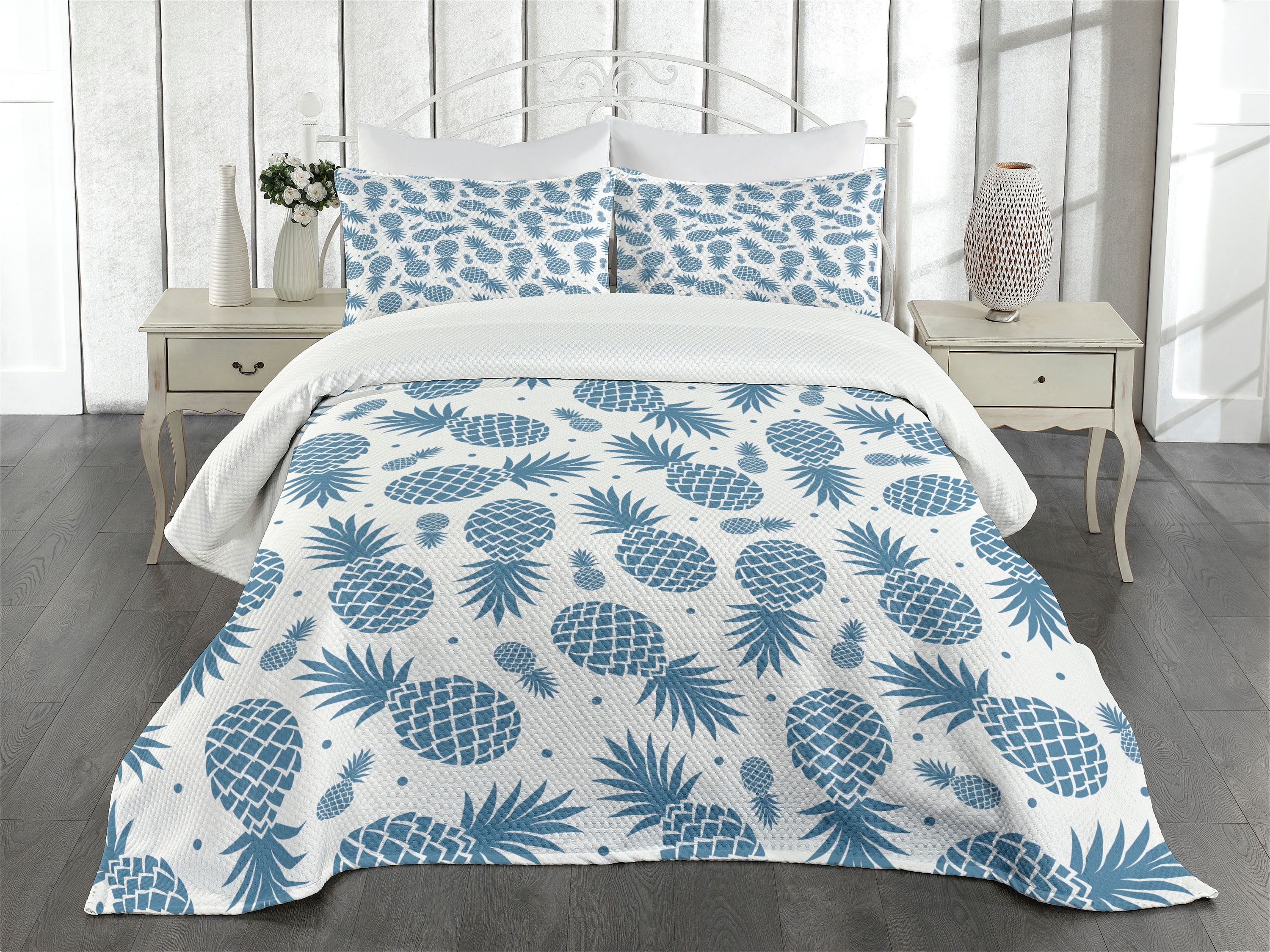 Ambesonne Blue Quilted Bedspread Set 3 Pcs, Tropical Fruit Pineapple ...